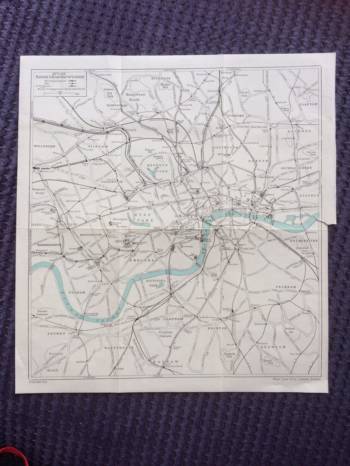 LONDON Railway & Road Map Original Vintage Map c.1940s, 10.5 x 11.5 ...
