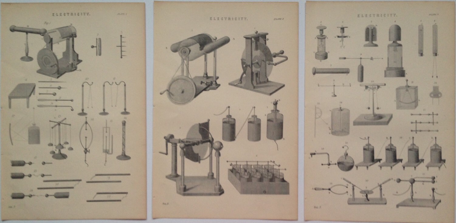 1880 ELECTRICITY Original Antique Steel Engraving Print Set ...