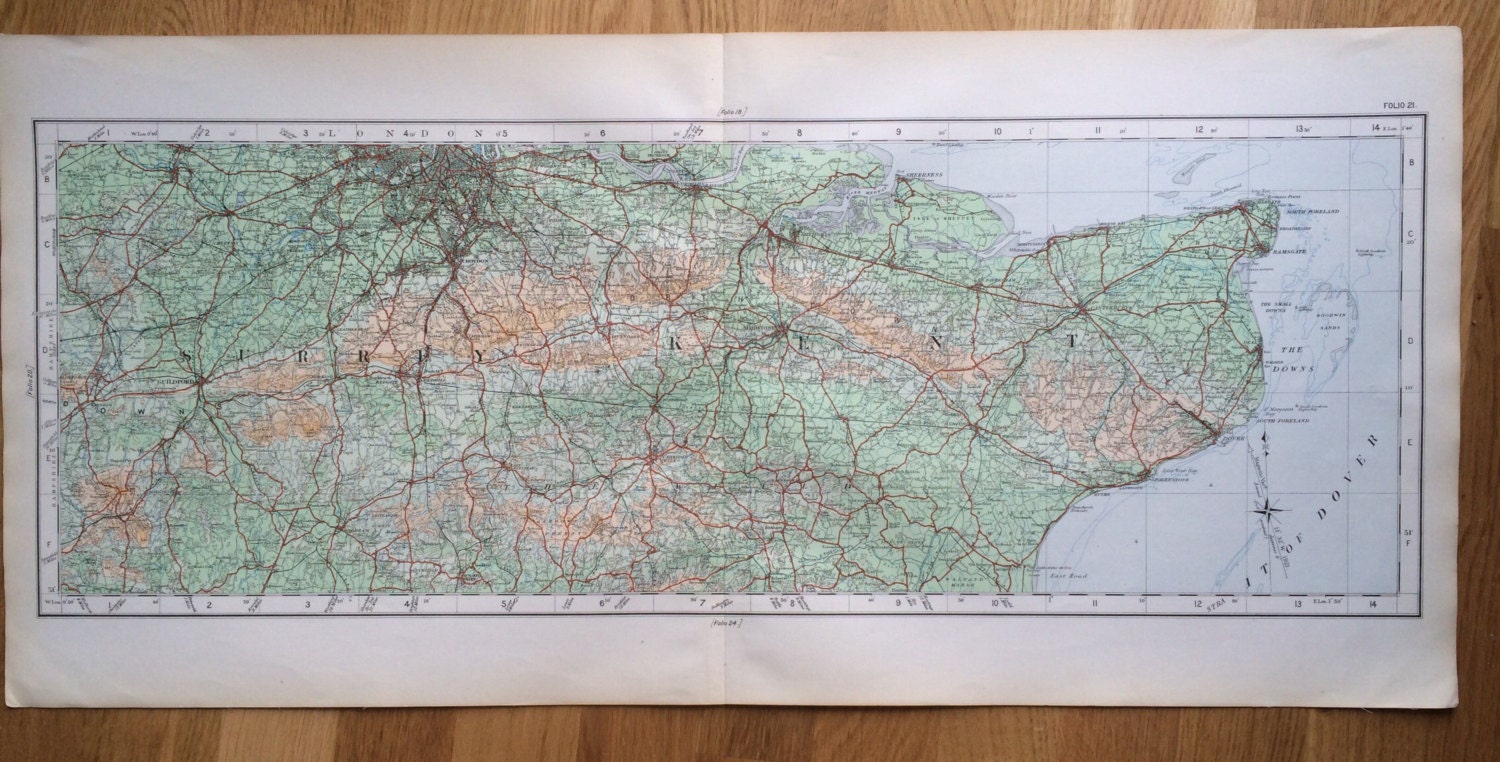 1922 original antique ordnance survey map of Southeast England - Kent ...