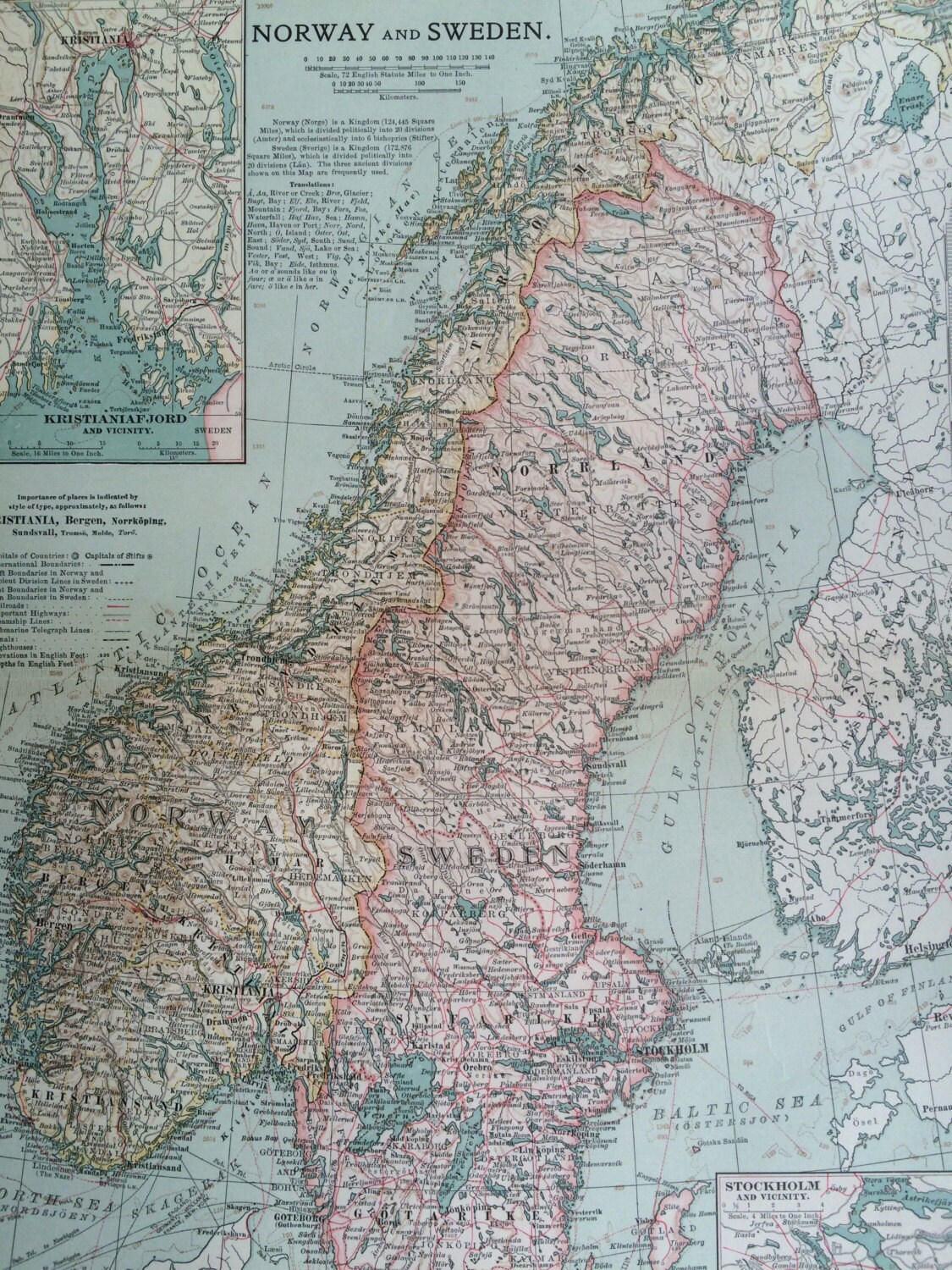 1903 Norway and Sweden Original Large Antique Map with inset maps of ...