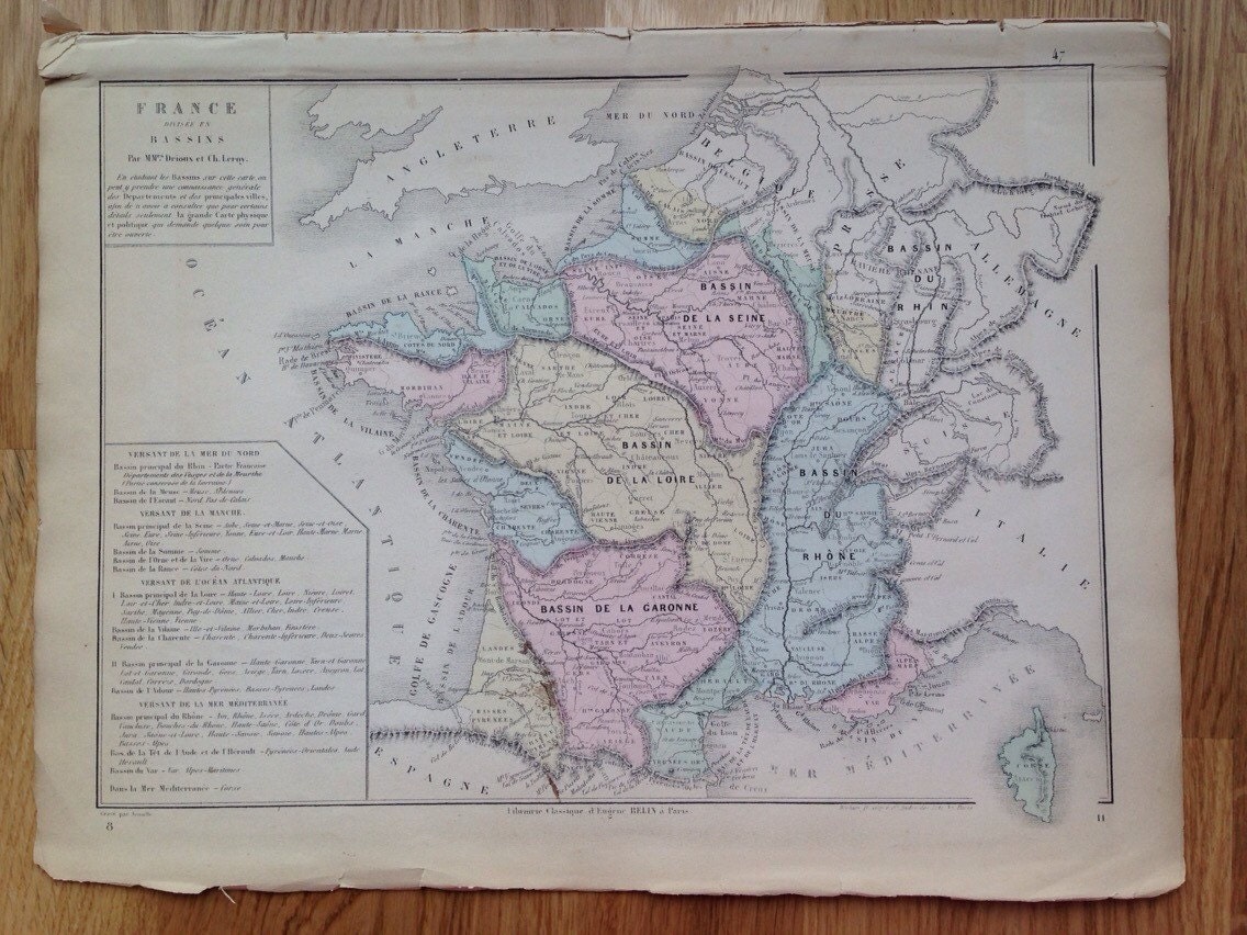 1866 France divided into basins - original antique colour map ...