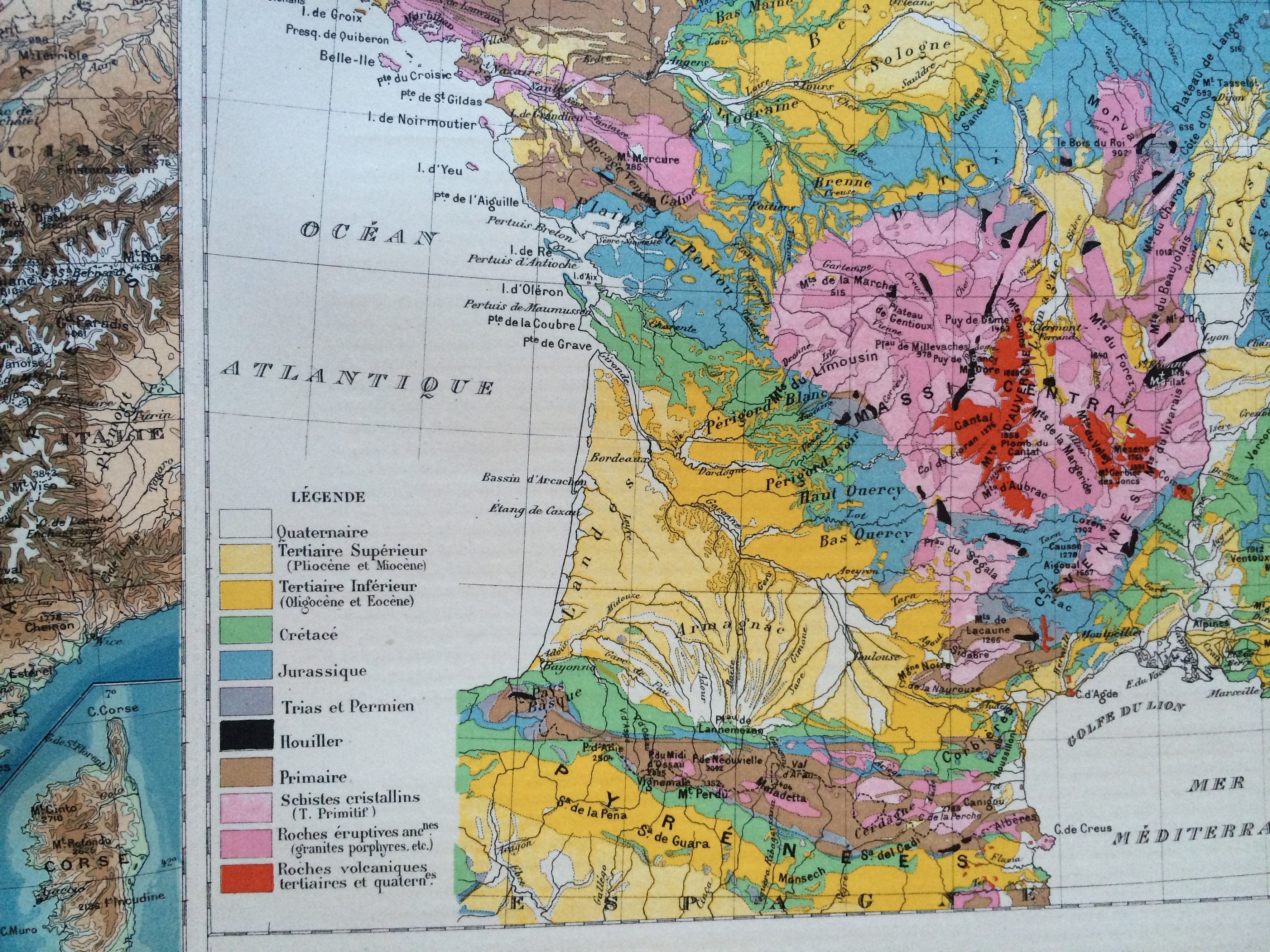 1892 France (Geological and Hypsometric) Large Original Antique Map ...