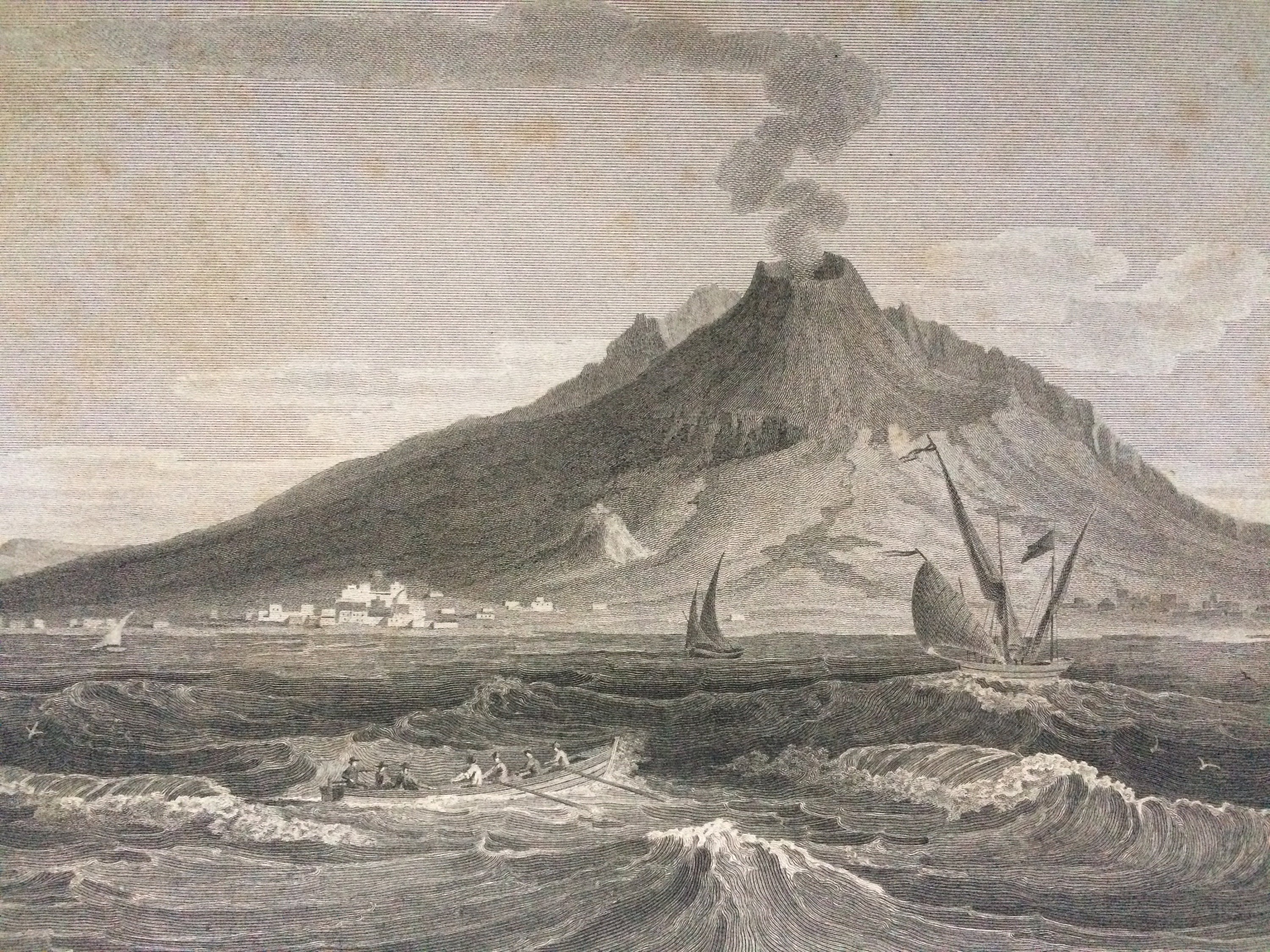 1819 Original Antique Engraving - Mount Vesuvius as seen from the Bay ...