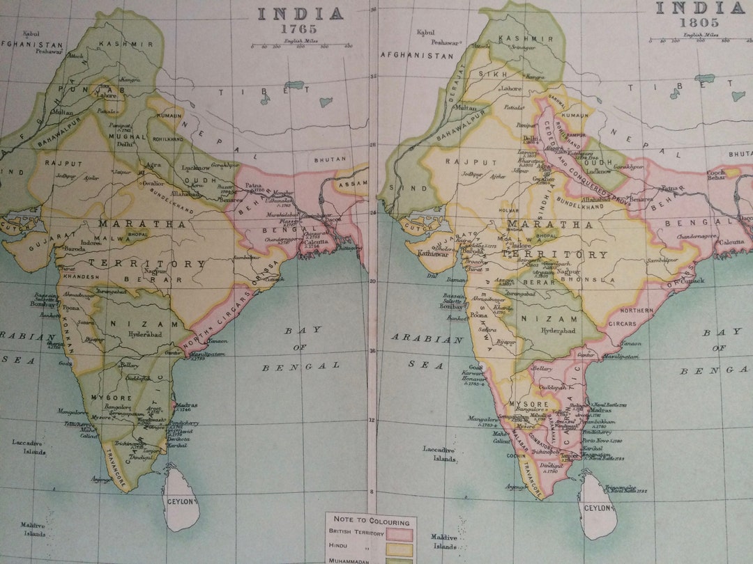 1908 India Historical Map Showing India in 1765 and 1805 Original ...