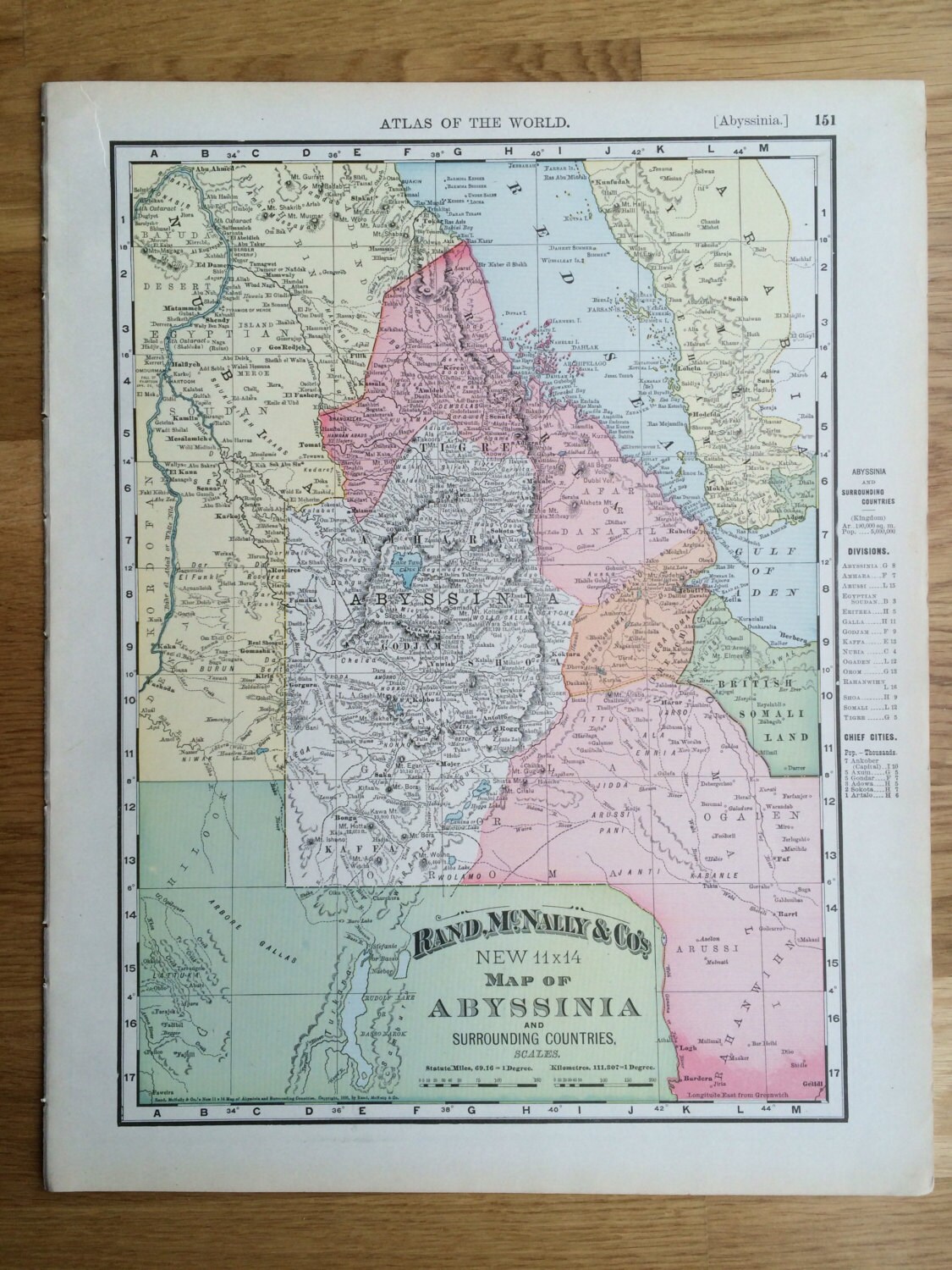 1898 ABYSSINIA ETHIOPIA Original Antique Map, 11 x 14 inches, Rand ...