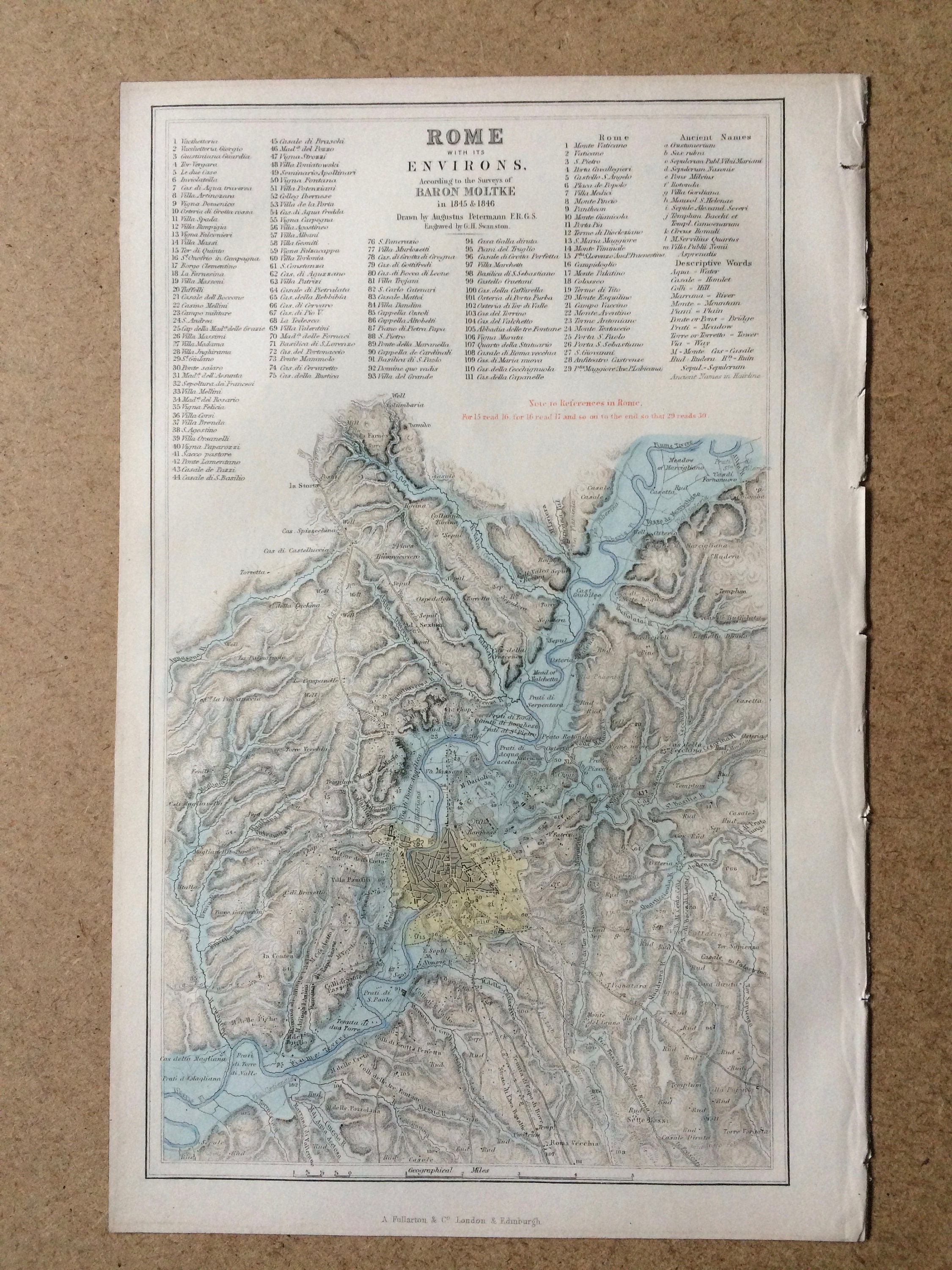 1871 Rome with its environs Original Antique Map with reference list of ...