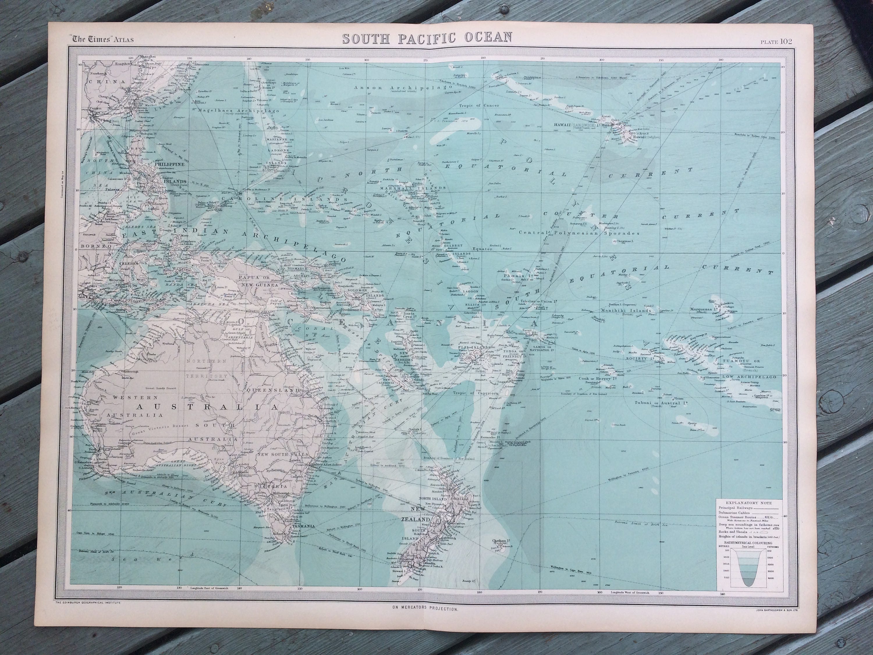 1922 PACIFIC OCEAN (South) Large Original Antique Times Atlas Map on ...