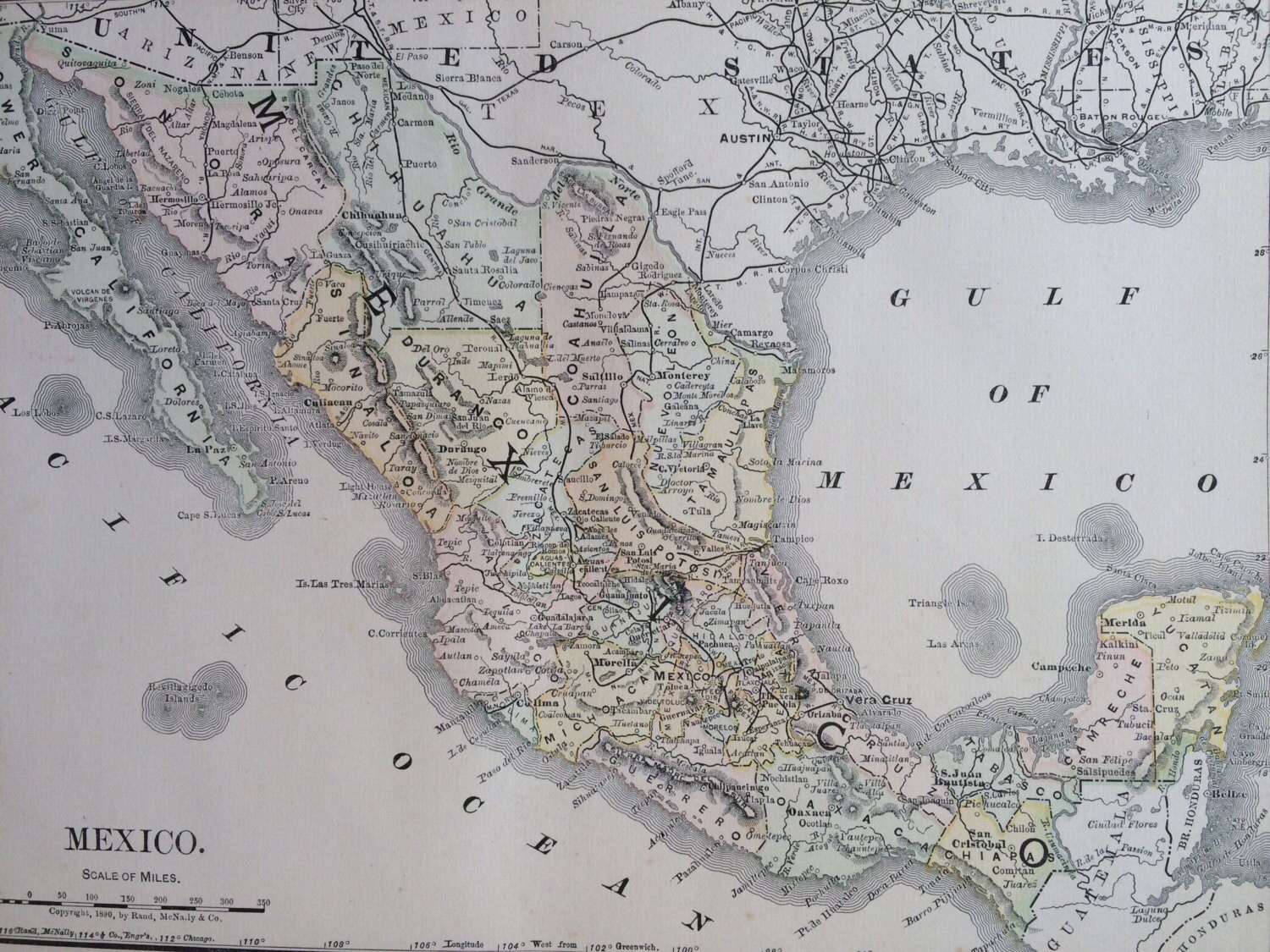 1891 MEXICO Original Antique Map, 8.5 x 11.5 inches, Rand McNally, Home ...