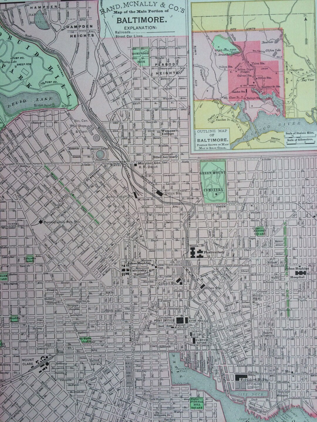 1898 BALTIMORE Original Antique City Plan Map, 11 X 14 Inches, Rand ...