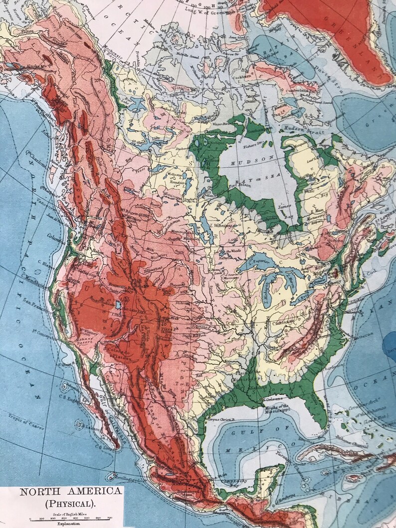 1901 Physical Map of North America Original Antique Map - Etsy Australia
