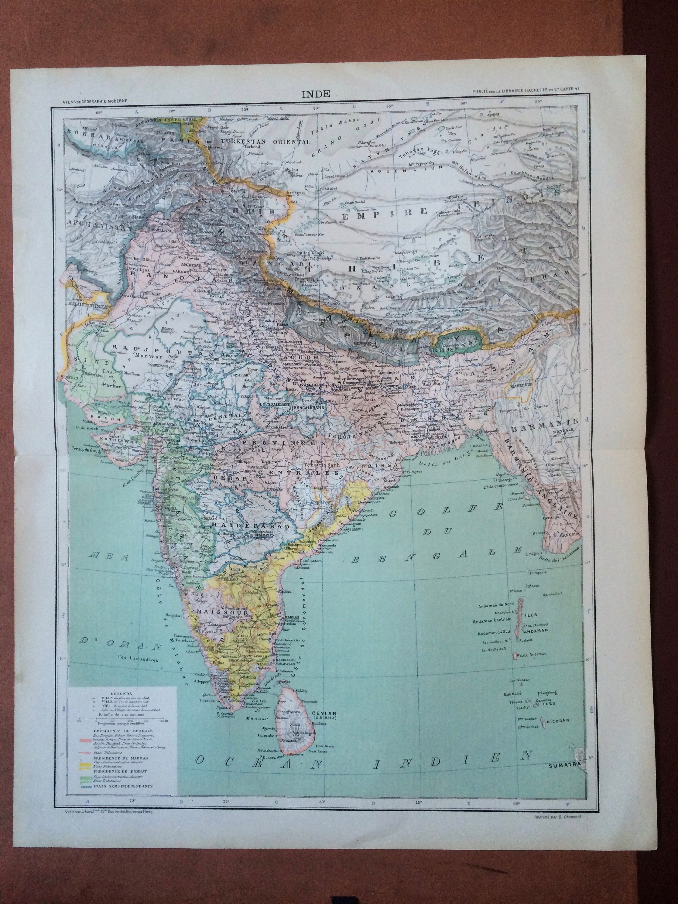 1892 India Large Original Antique Map - South Asia - Tibet - Nepal ...