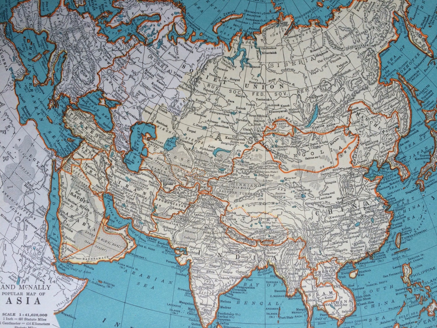 1937 ASIA Original Vintage Map, 11 x 14 inches, Rand McNally, Home ...