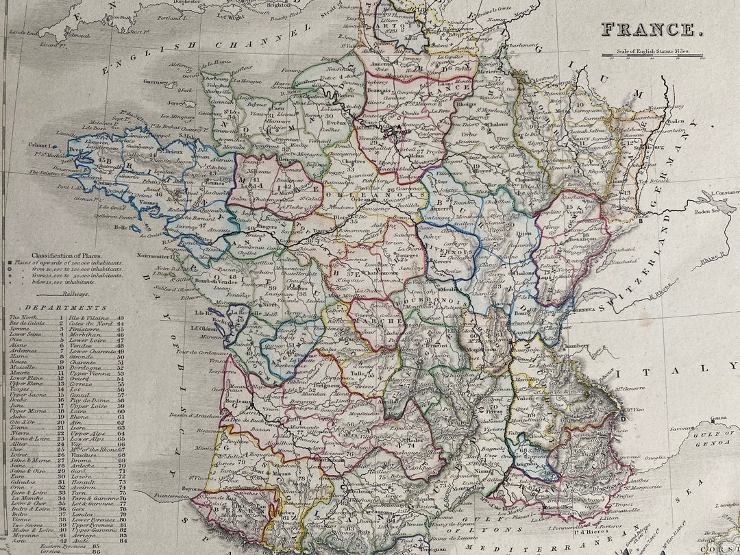 1853 France Original Antique Map Showing Railways and Diagram of ...