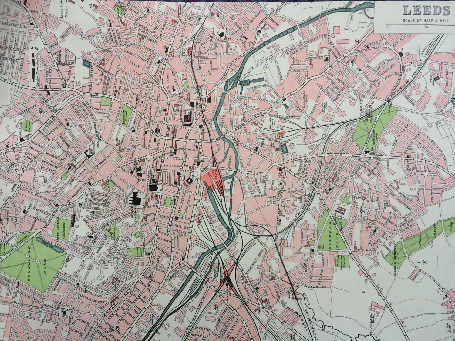 1903 LEEDS original antique map, city plan, cartography, geography ...