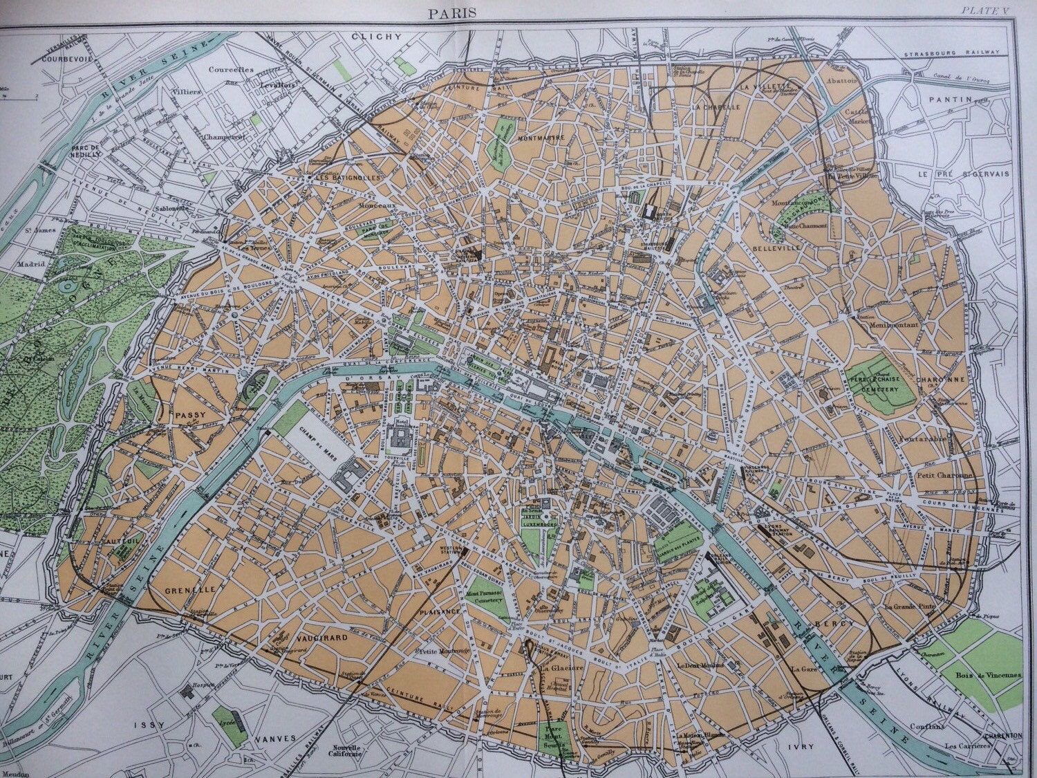 1875 PARIS large original antique map, city plan, France, Parisian ...