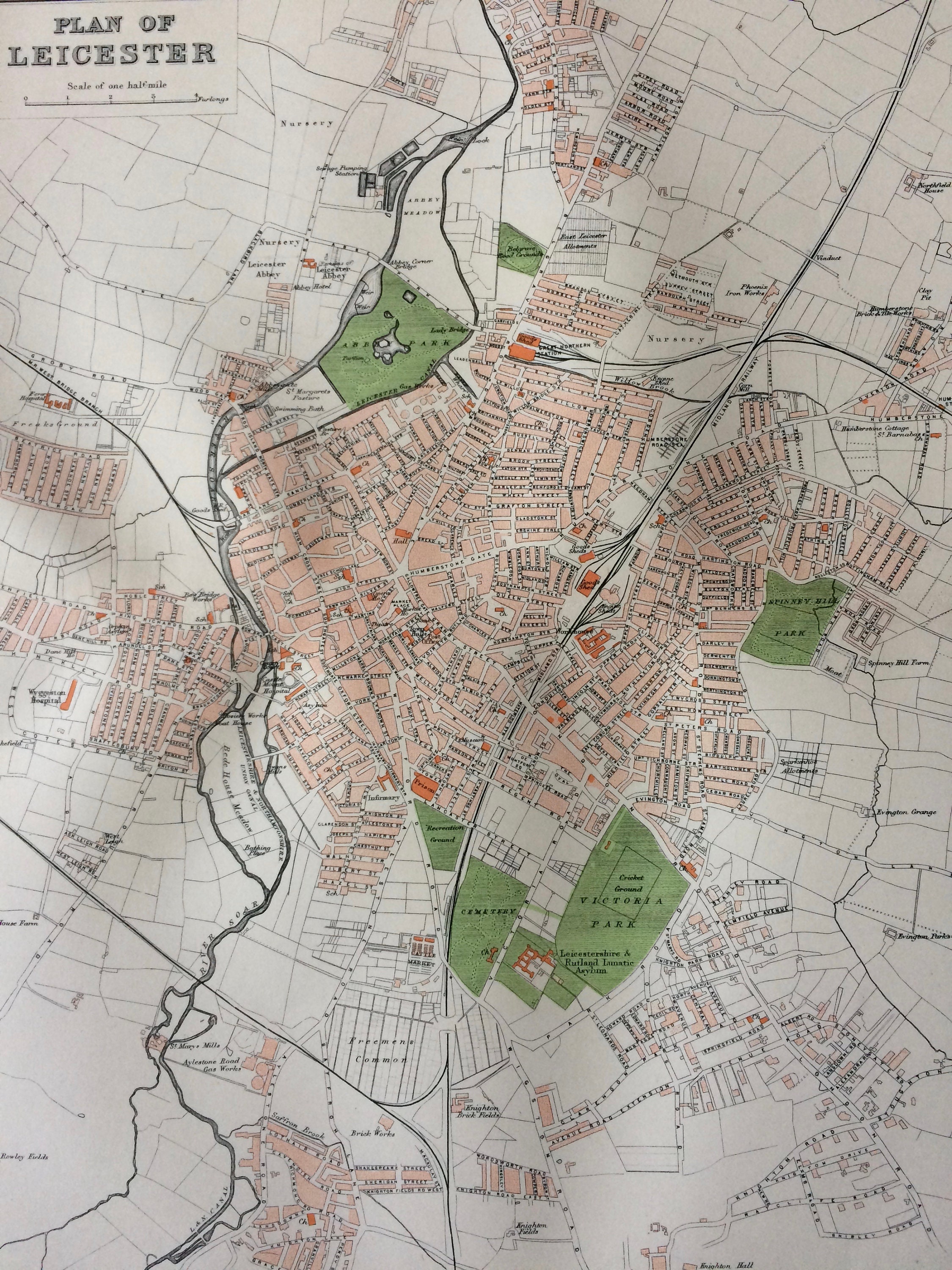 1895 Leicester original antique city plan map, cartography, gift idea ...