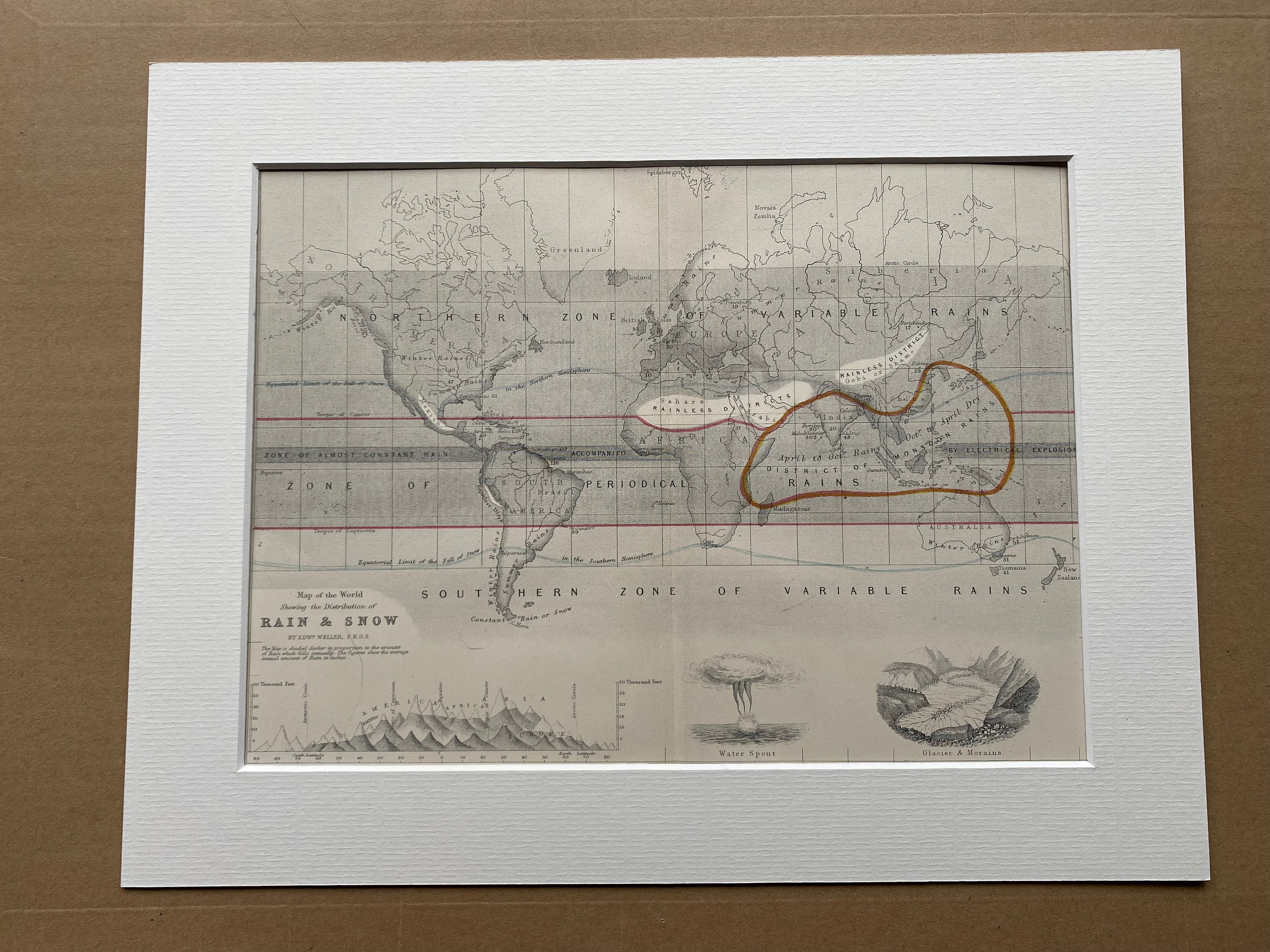 1871 Original Antique World Map showing the distribution of Rain and ...