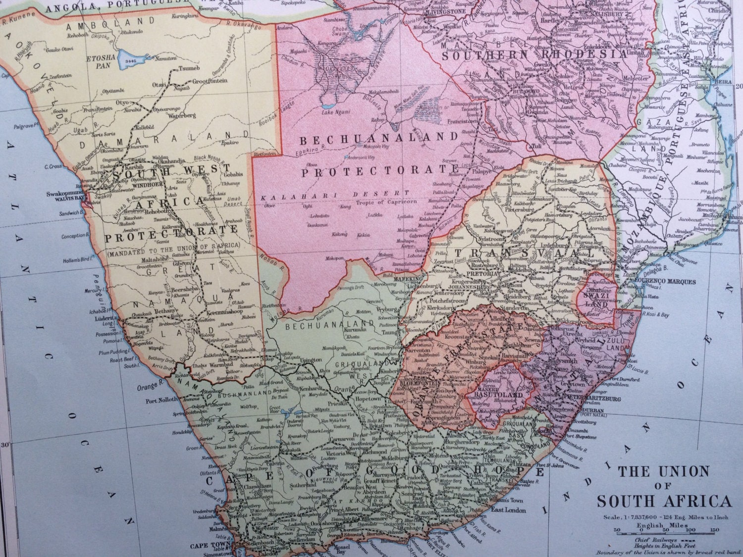 1920 SOUTHERN AFRICA Original Vintage Map, 12 x 14.5 inches, historical ...