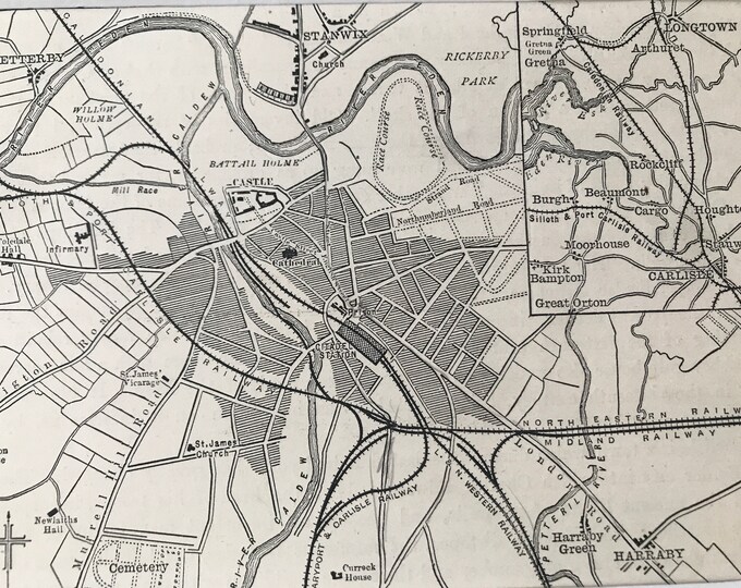 1883 Map of Carlisle Original Antique Print - Cumbria - Cumberland ...