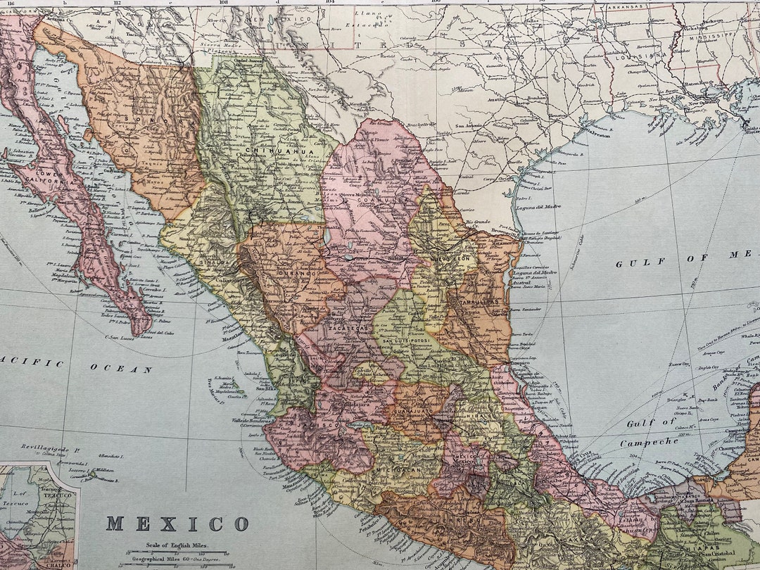 1898 Mexico Original Antique Map Large Wall Map With Inset Map of ...