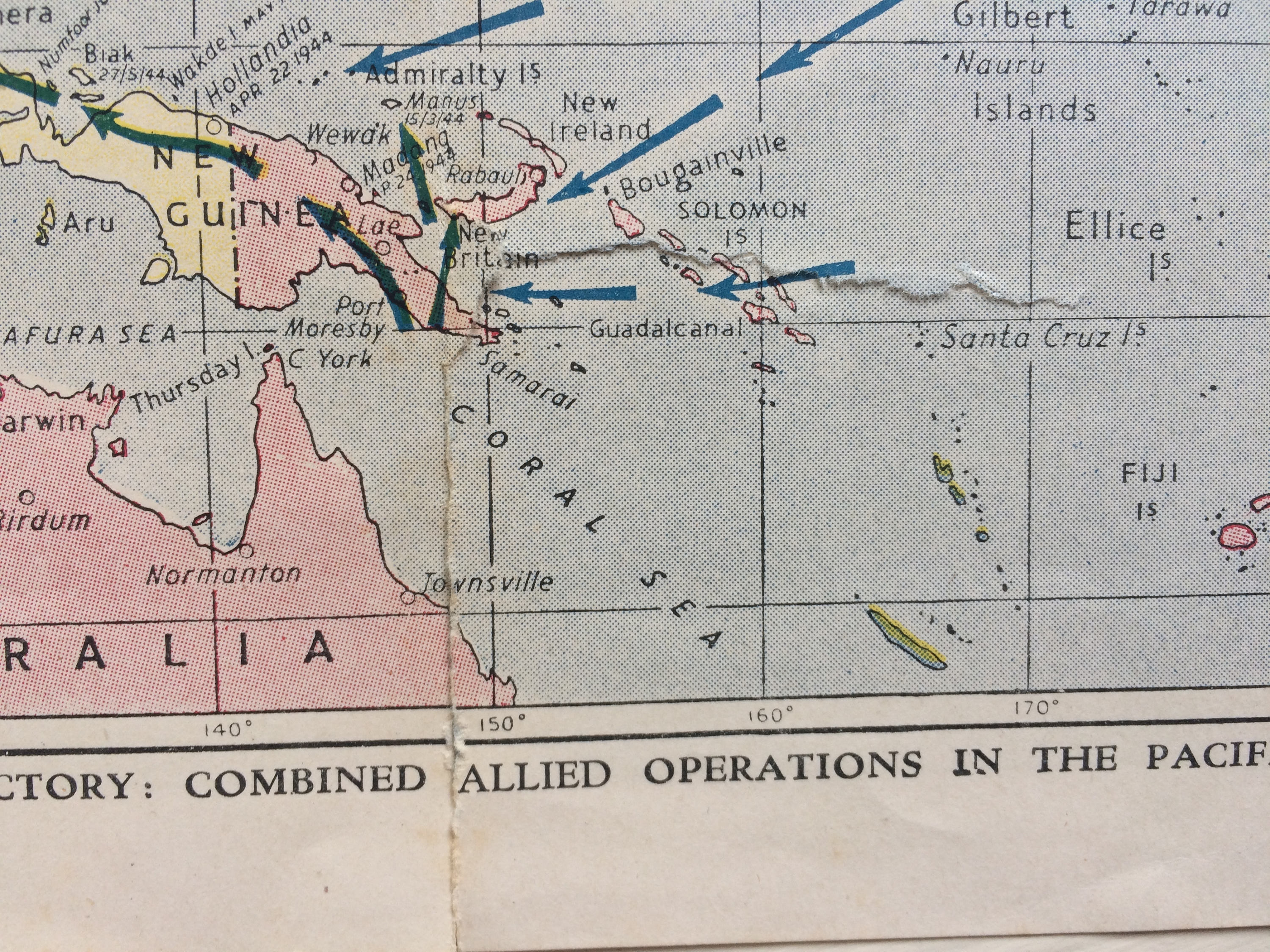 1940s World War II Original Vintage Map showing combined allied ...