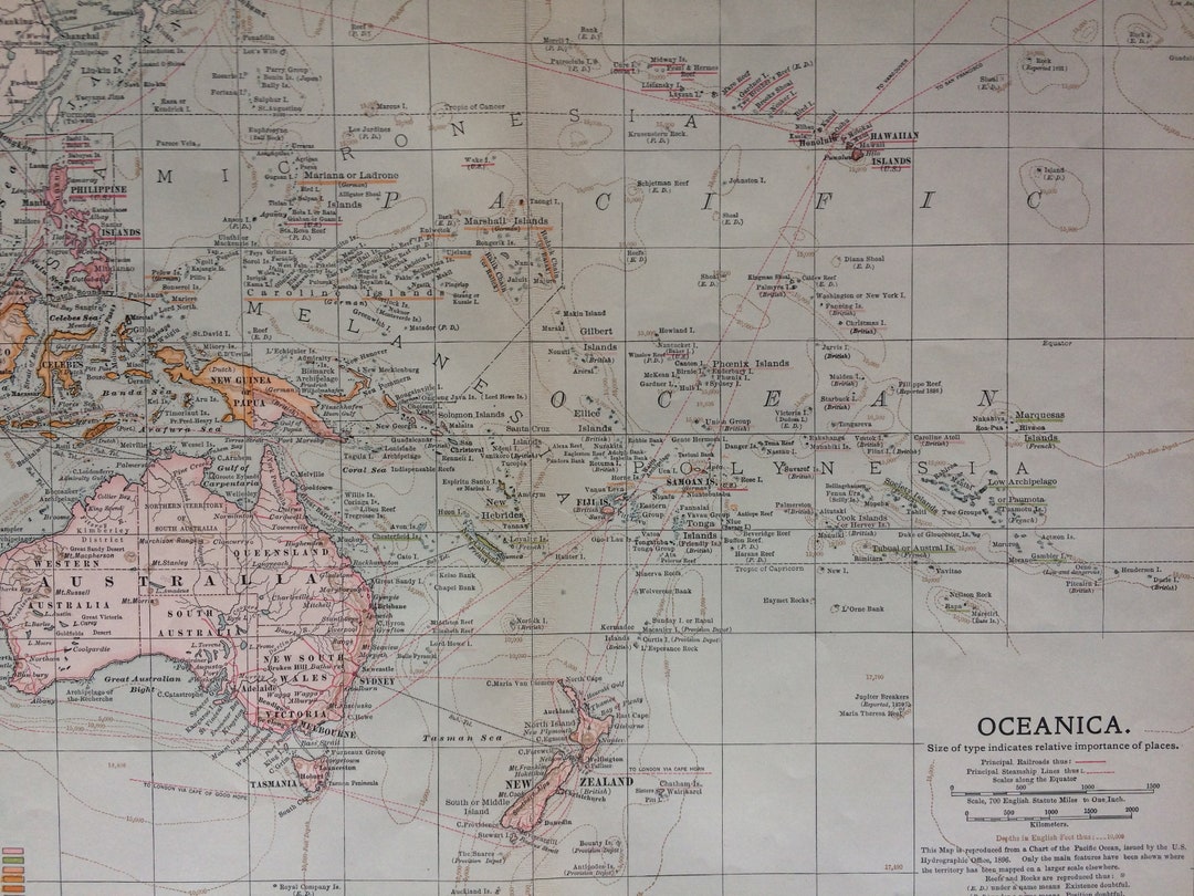 1903 Oceanica Original Large Antique Map Showing Colonial Powers ...
