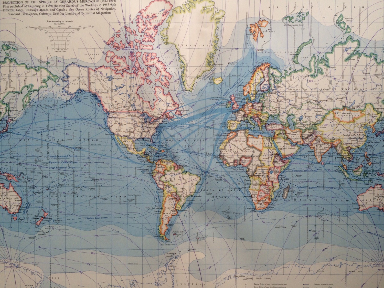 1958 Extra Large Original Vintage World Map depicting World Surface ...