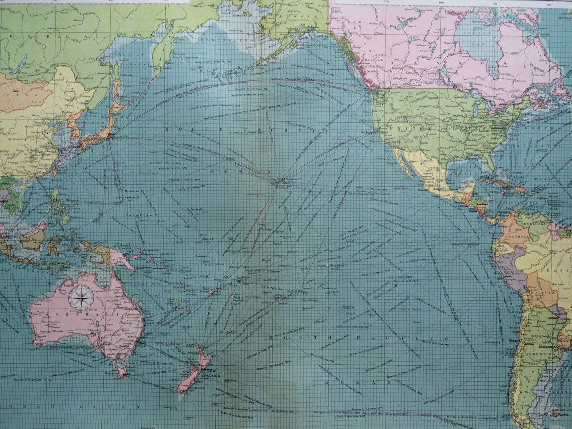 1920 The Pacific Ocean mercantile marine map - extra large original ...