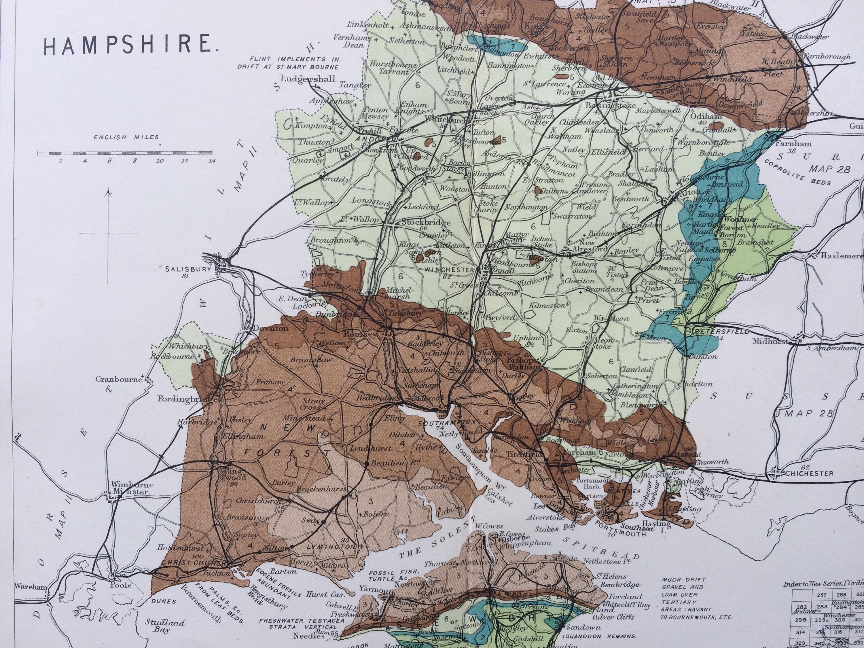 1913 Hampshire - Original Antique Small Geological Map - UK County Map ...