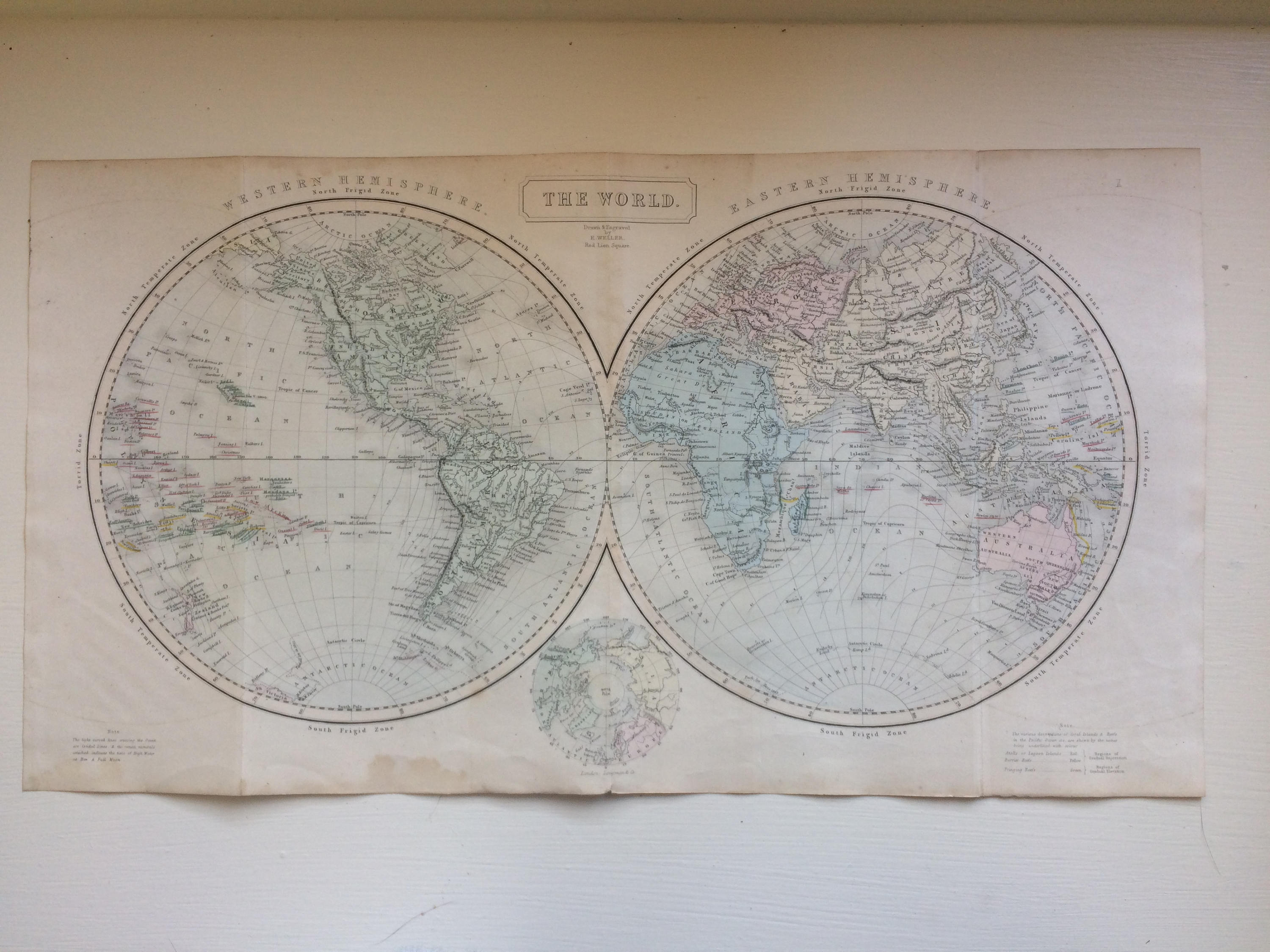 1870 Original Antique World Map showing Western and Eastern Hemispheres ...