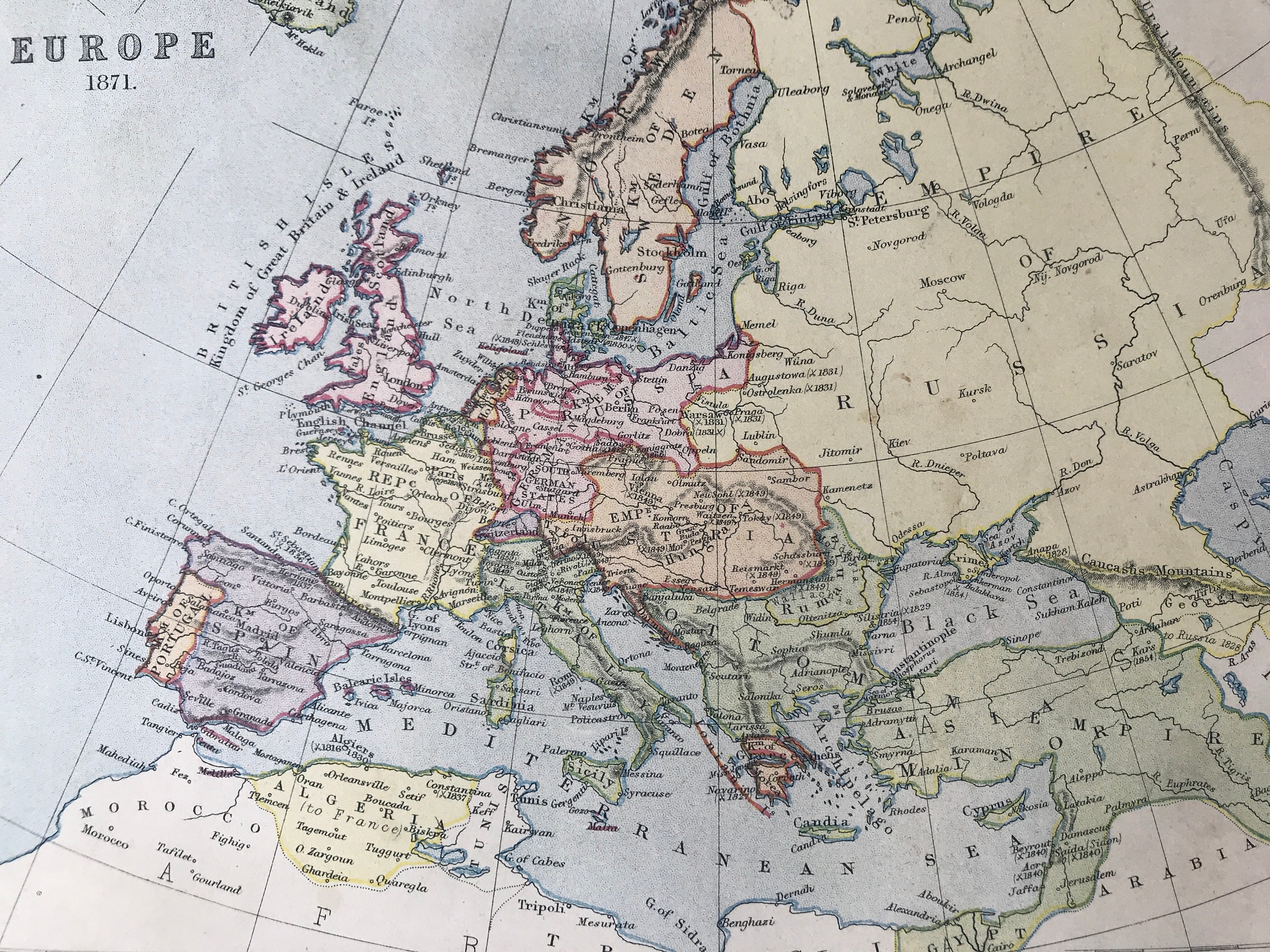 1873 Europe in 1871 Original Antique Map - Vintage Wall Map - Mounted ...