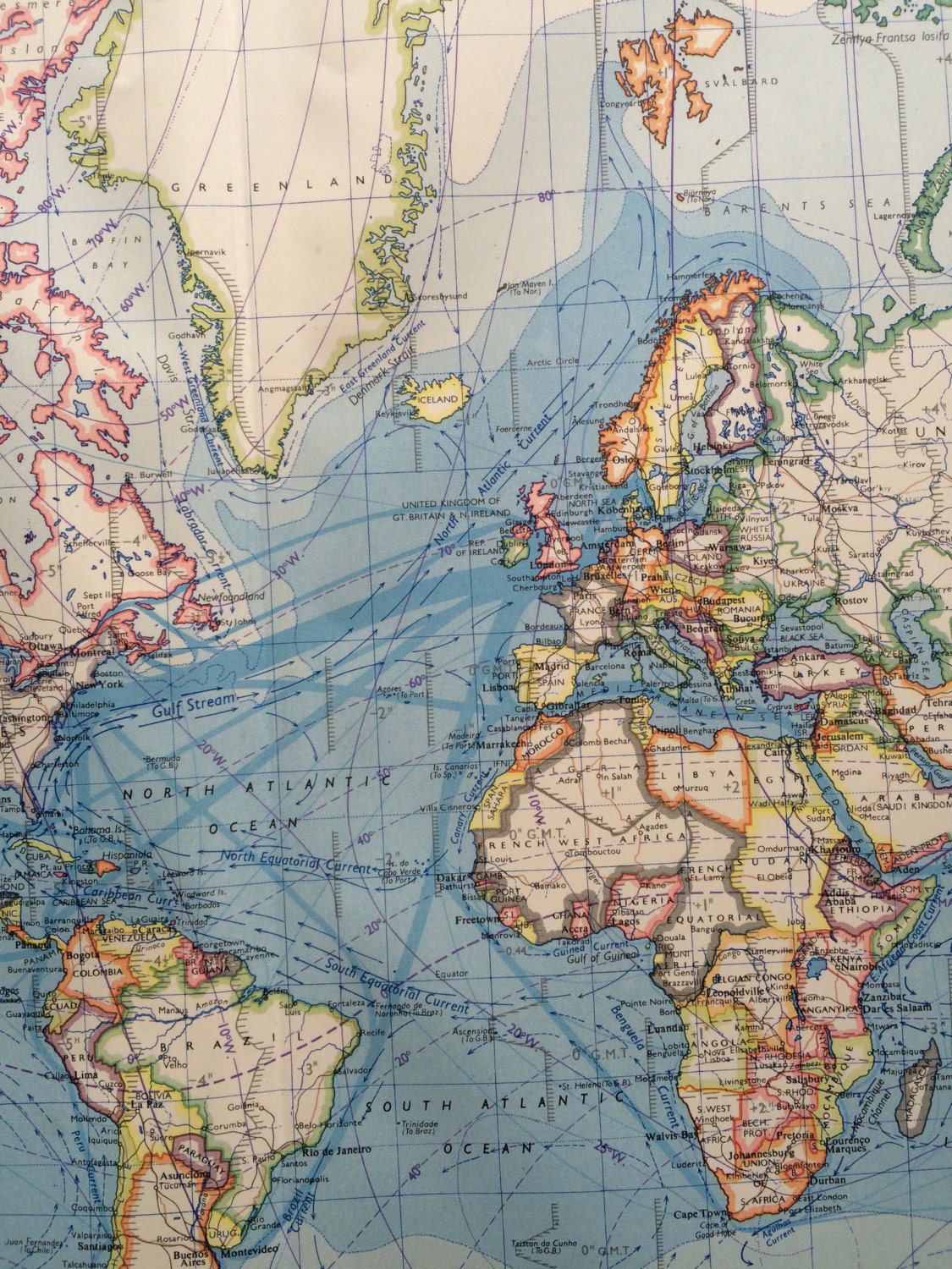 1958 Extra Large Original Vintage World Map depicting World Surface ...