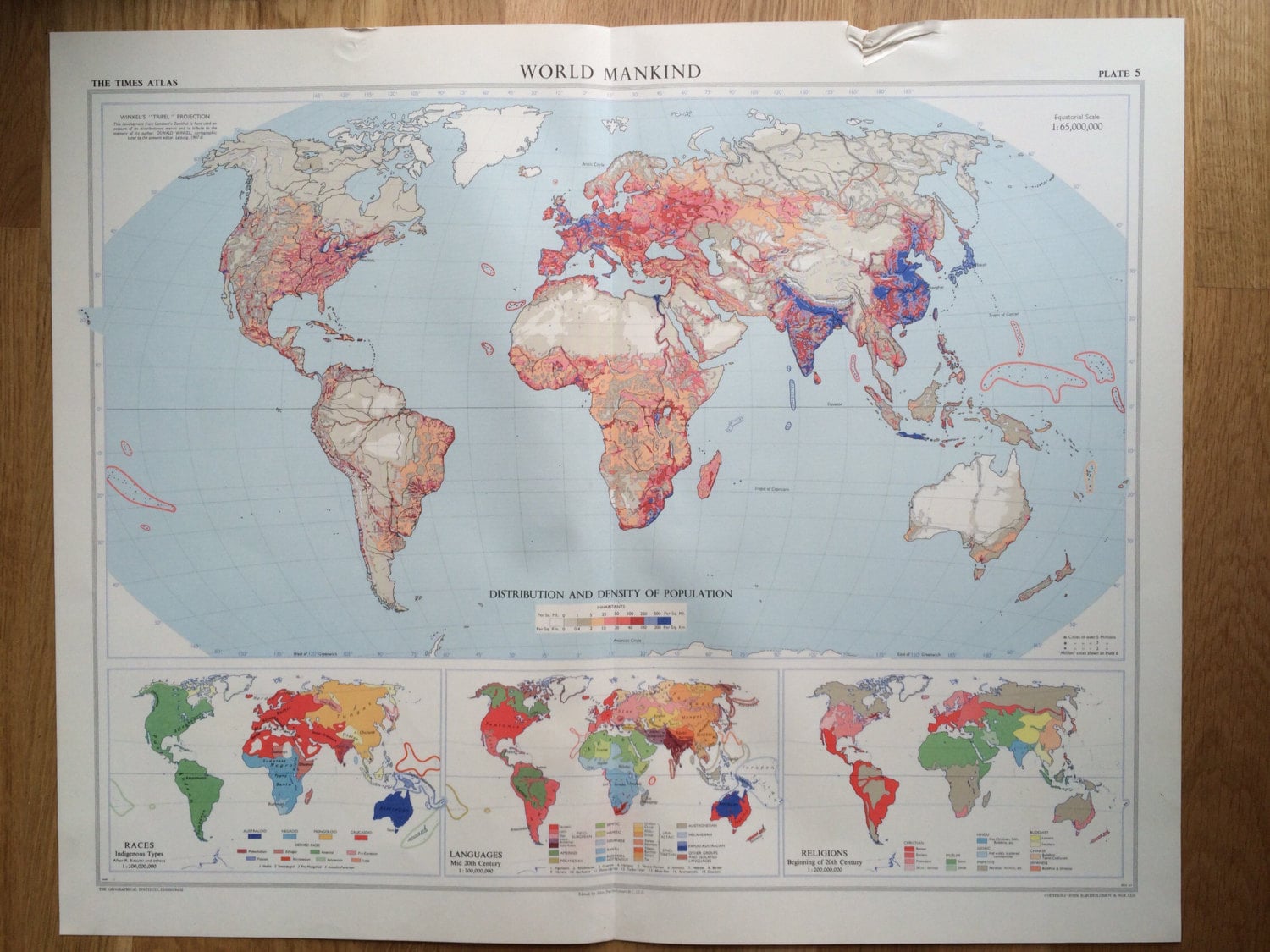 1958 Extra Large Original Vintage World Map depicting Mankind, Human ...