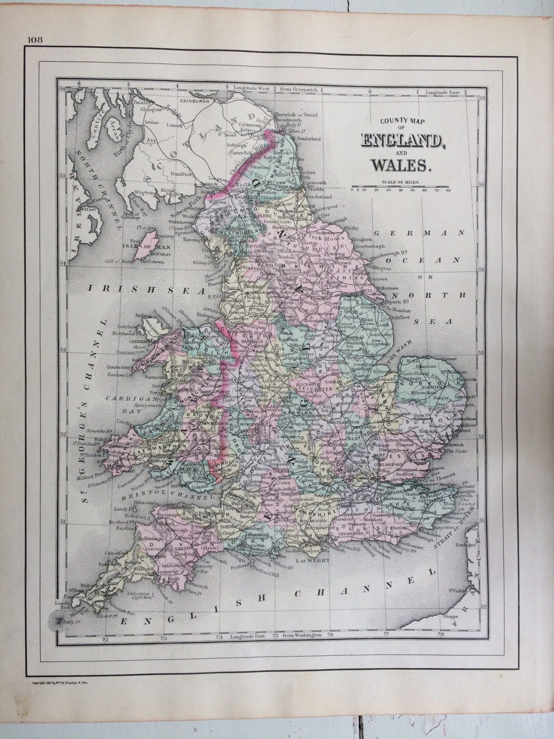 1888 ENGLAND & WALES large rare original antique Mitchell Map showing ...