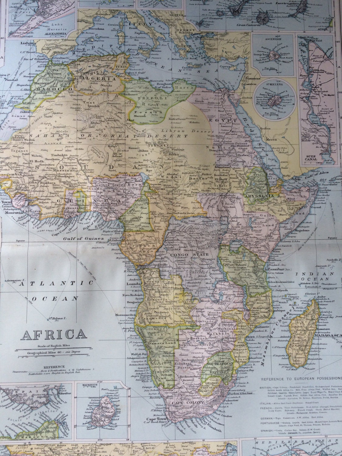 1898 AFRICA large original antique map, 21.5 x 13.5 inches, historical ...