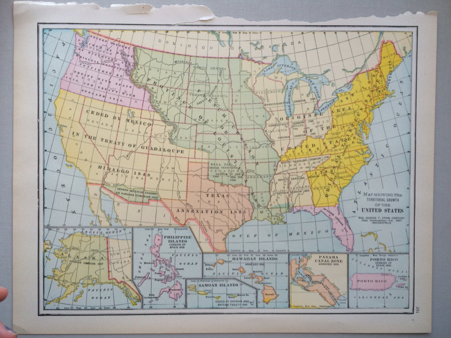 1936 United States showing territorial growth Original Vintage Map, 11. ...