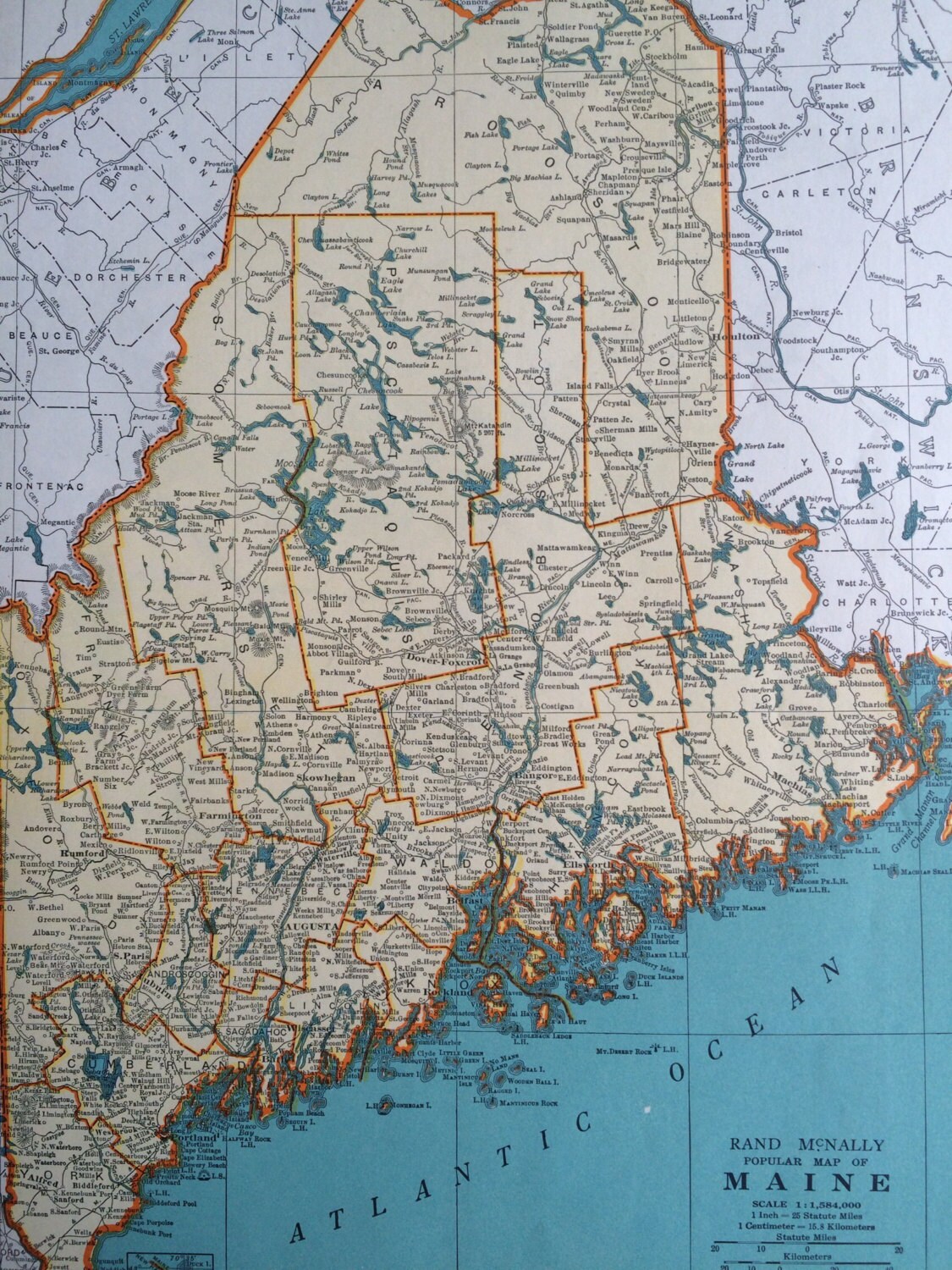 1937 MAINE Original Vintage Map, 11 x 14 inches, State Map, Rand ...