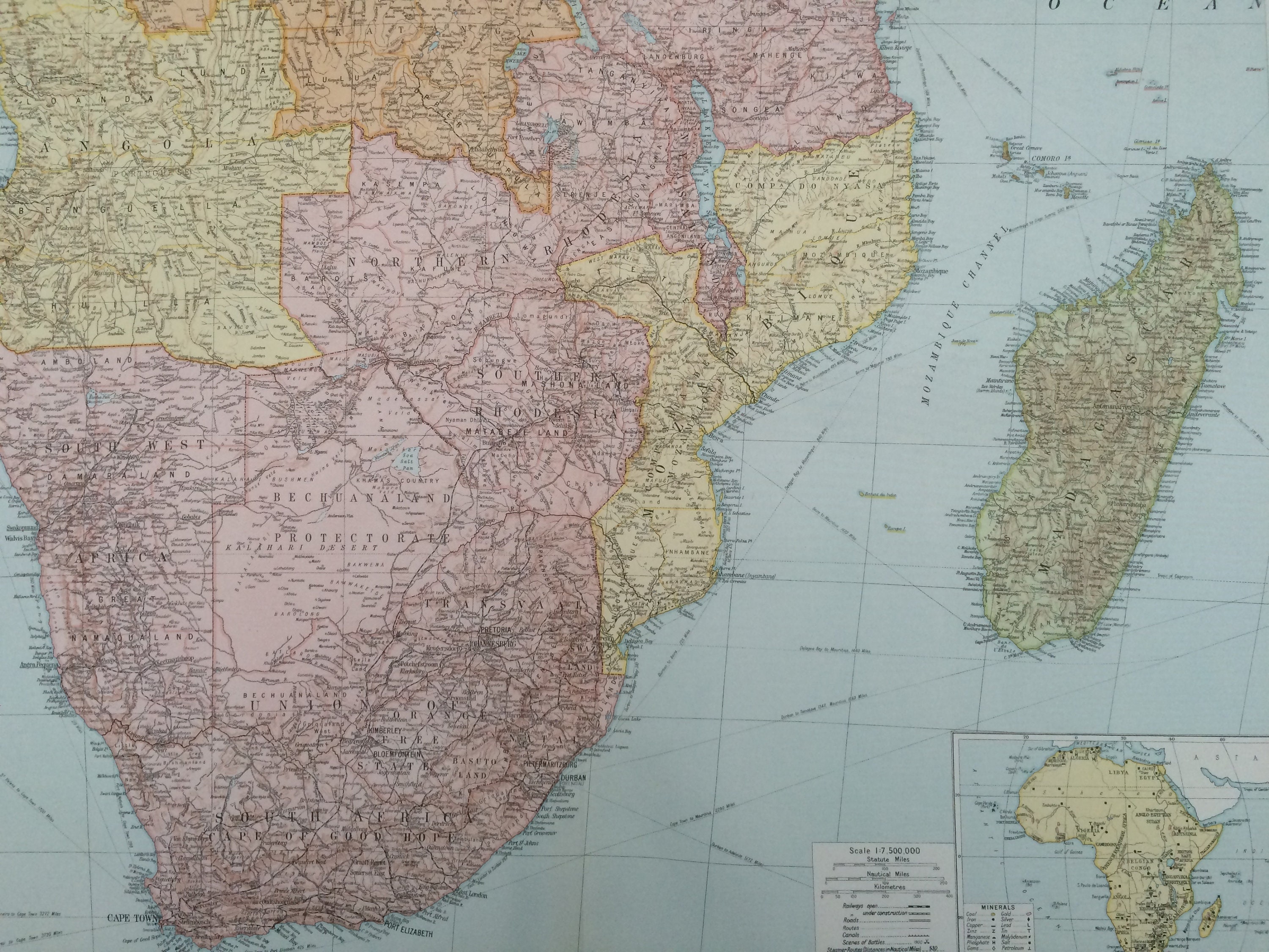 1920 Southern Africa Extra Large Original Antique Map showing railways ...