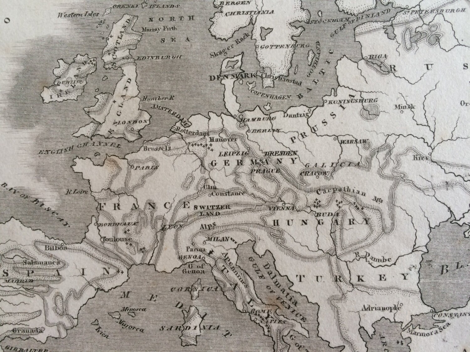 1852 Original Antique Engraving - Geological map of Europe showing ...