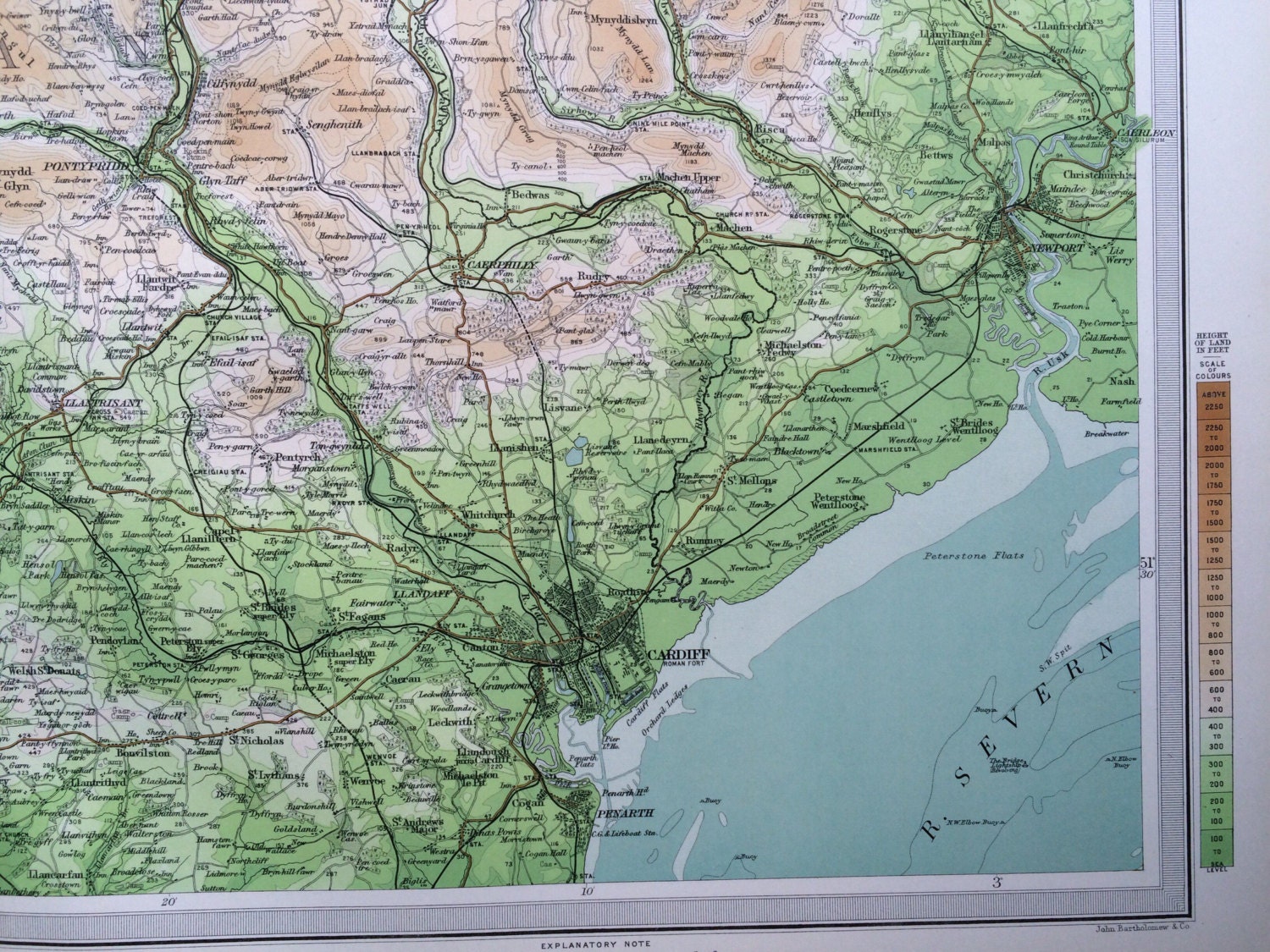 1903 CARDIFF & MERTHYR Large Original Antique Map, 17.5 x 23 inches ...