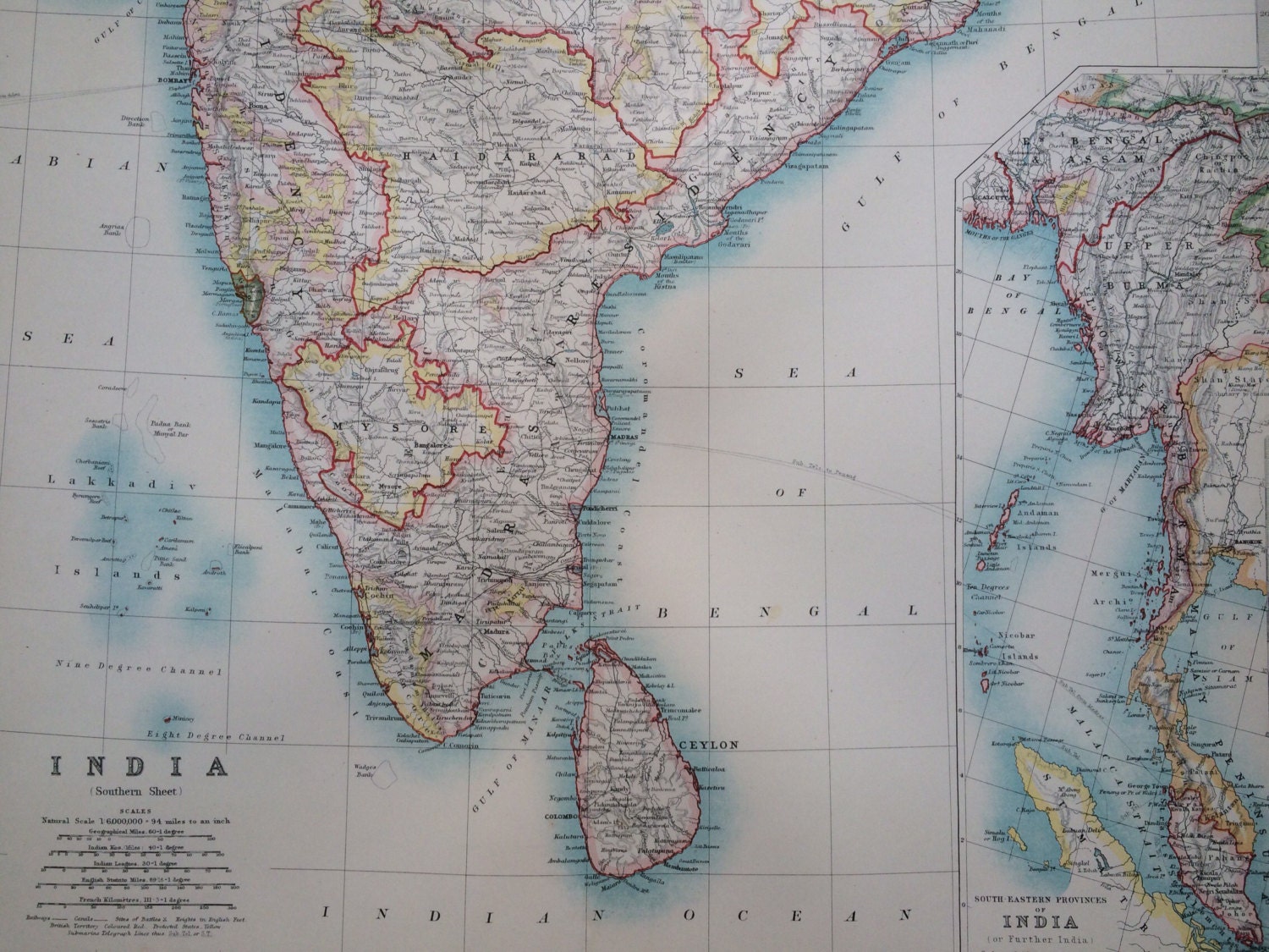 1907 INDIA (southern part) original antique map, cartography ...