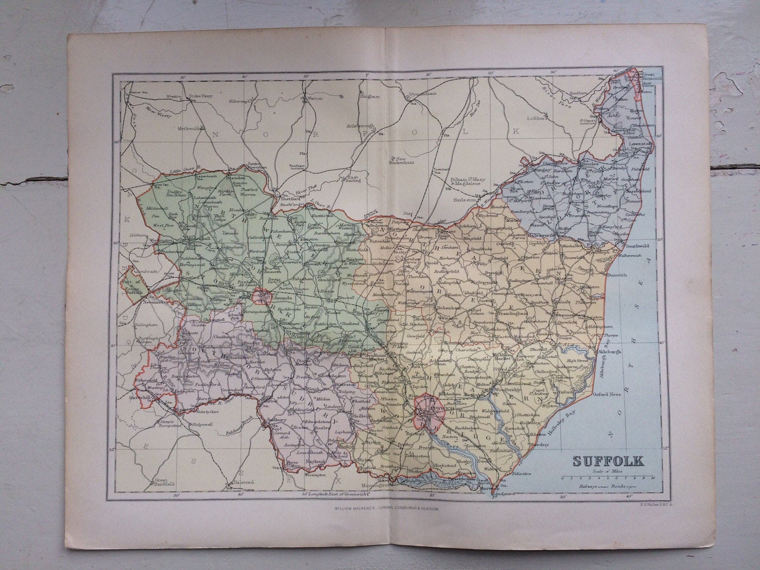 1895 SUFFOLK original antique map, english county, cartography ...