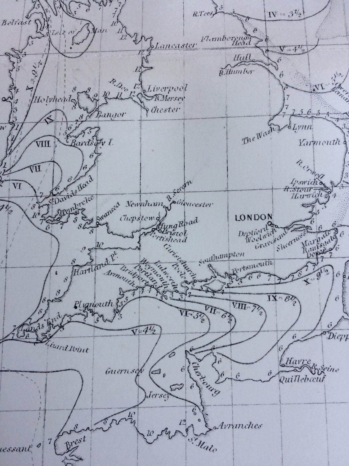 1891 Tidal Map of Britain and the North Sea Original Antique Map - 9 x ...