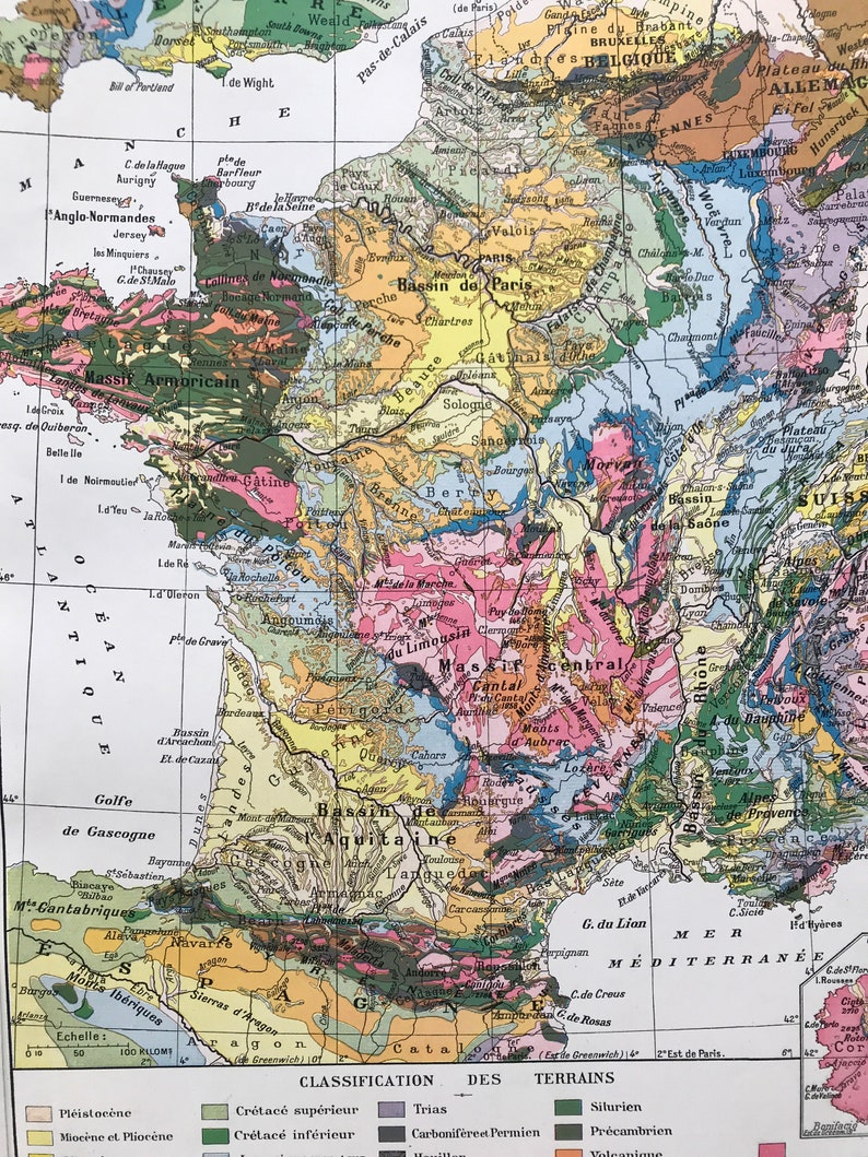 1930 France geological Original Antique Map Geology - Etsy