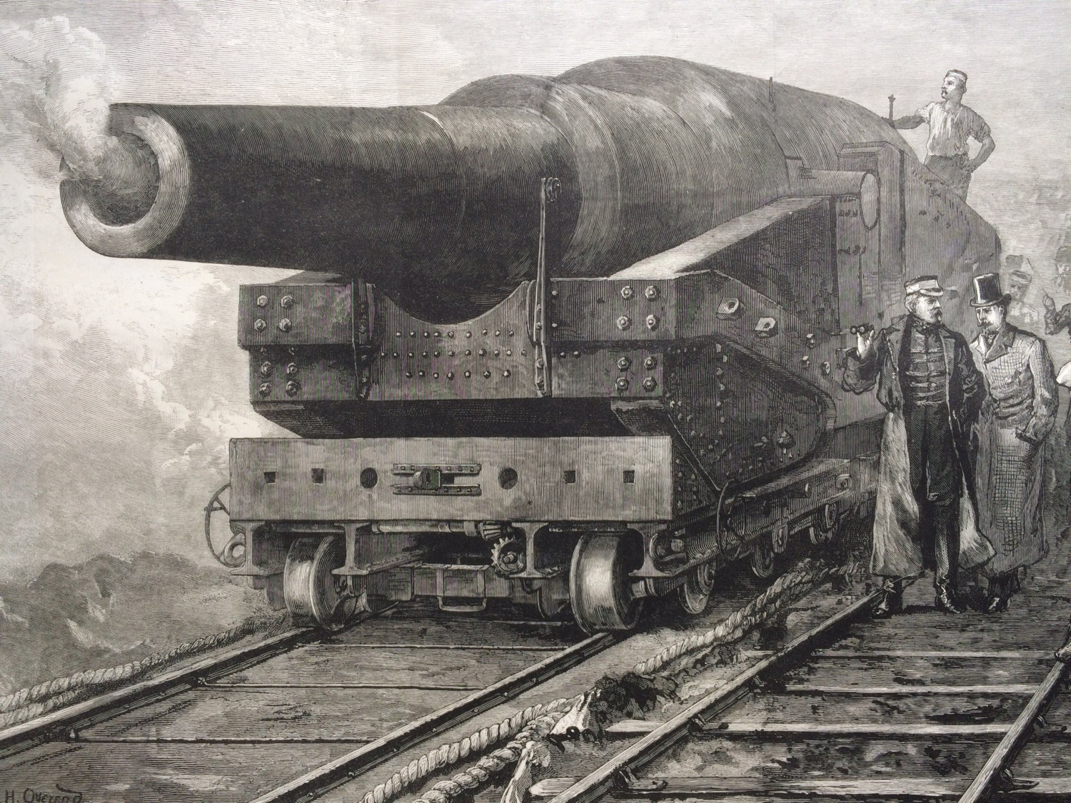 1877 Firing the 81 ton gun at shoeburyness, extra large original ...