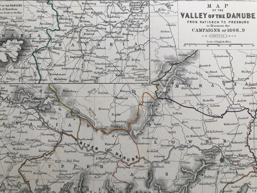 1875 Valley of the Danube - Ratisbon to Presburg Original Antique Map ...