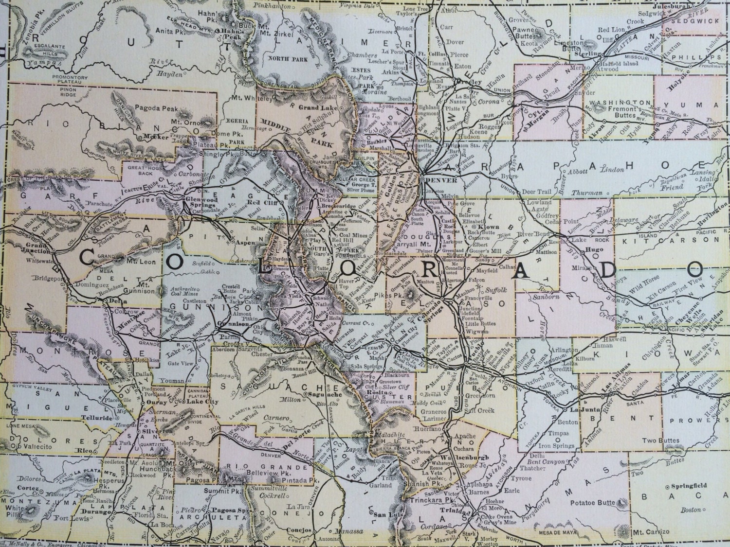 1891 COLORADO Original Antique Map, 8.5 x 11.5 inches, Rand McNally ...