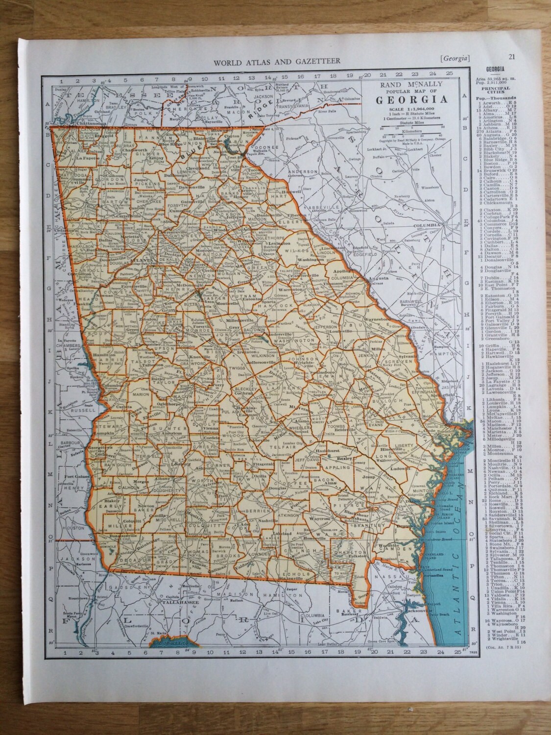 1937 GEORGIA Original Vintage Map, 11 x 14 inches, State Map, Rand ...