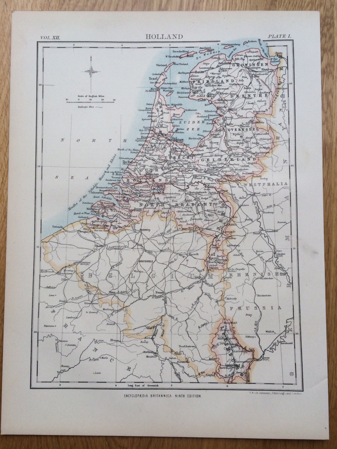 1875 Holland original antique map, cartography, geography, wall decor ...