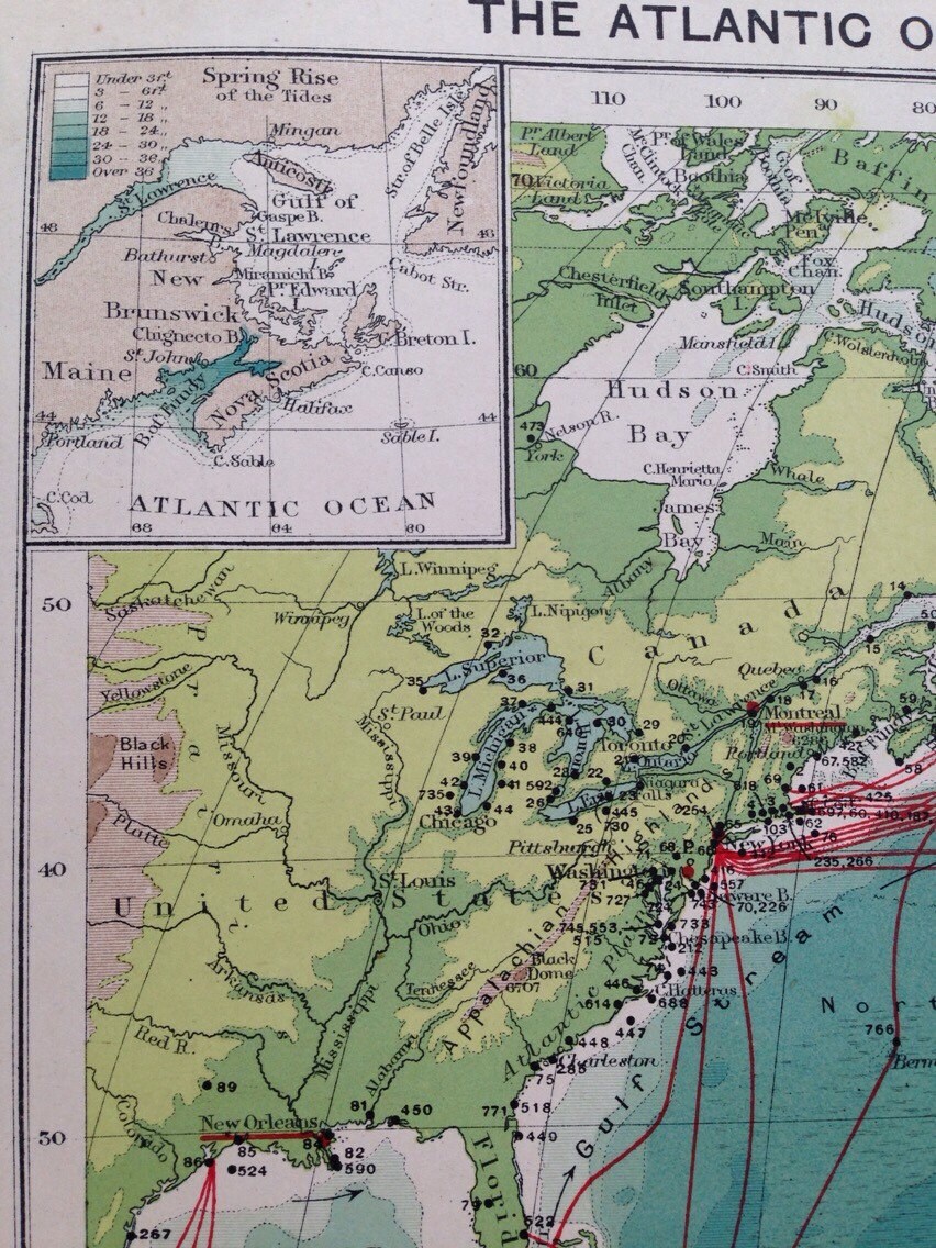 1920 Atlantic Ocean Map - showing cables and wireless stations - extra ...